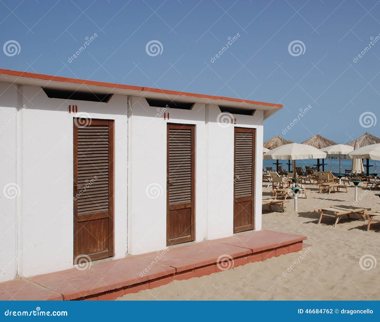 Three Beach Huts stock photo. Image of deck, huts, chair - 46684762