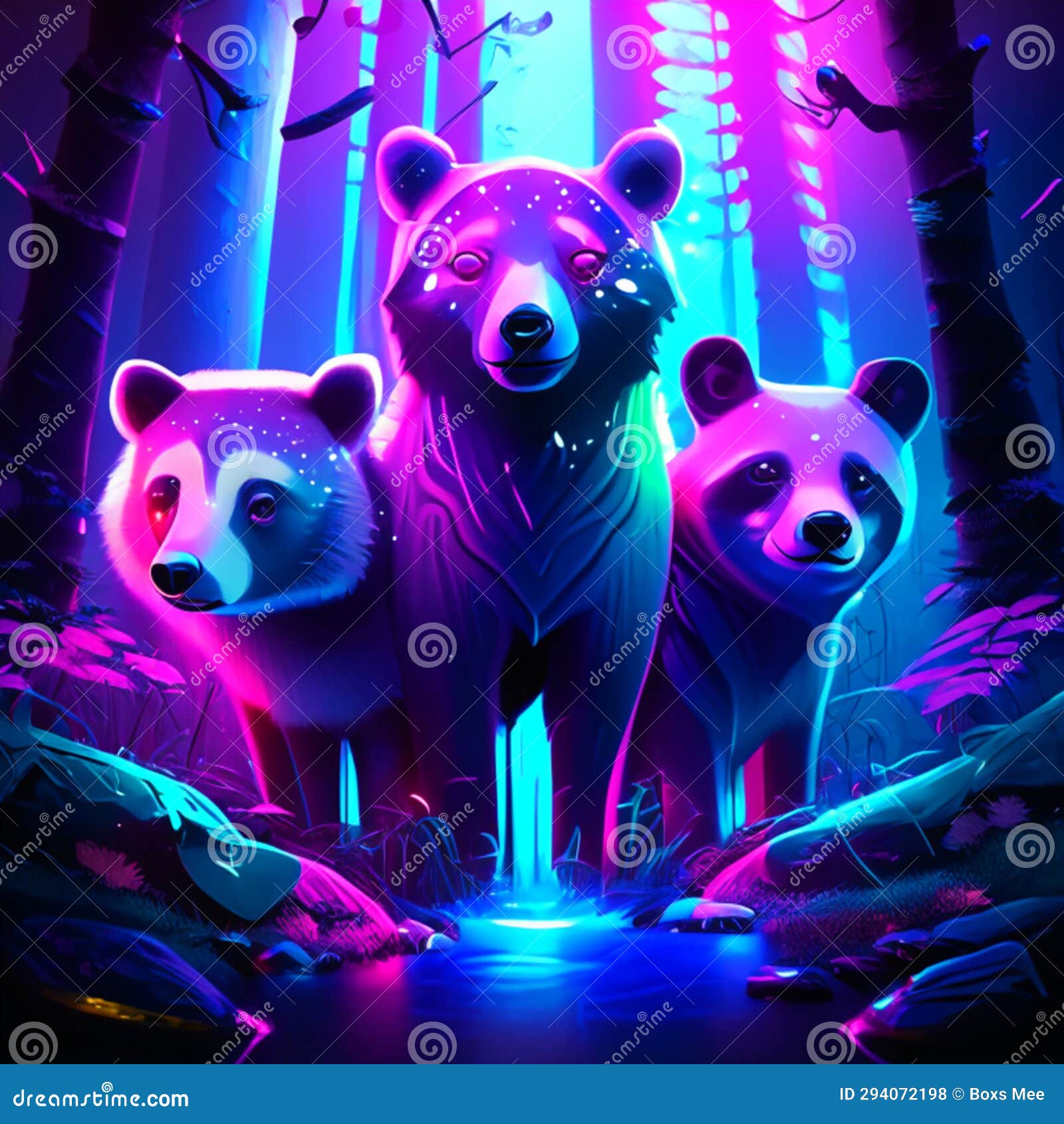 Three Bears in the Forest in Neon Light. 3d Illustration Stock ...