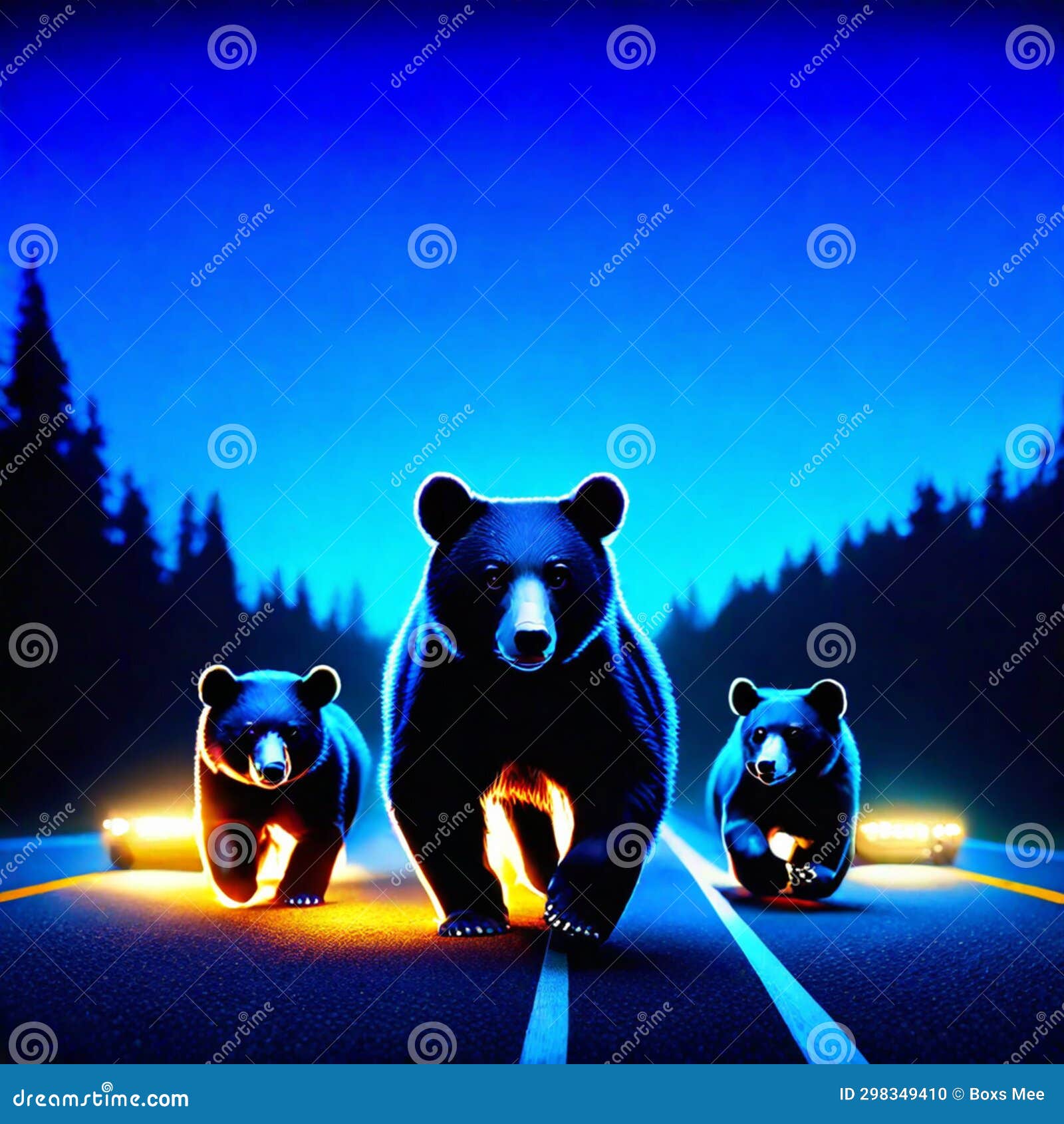Three Bears on the Road in the Forest. 3D Illustration Stock ...