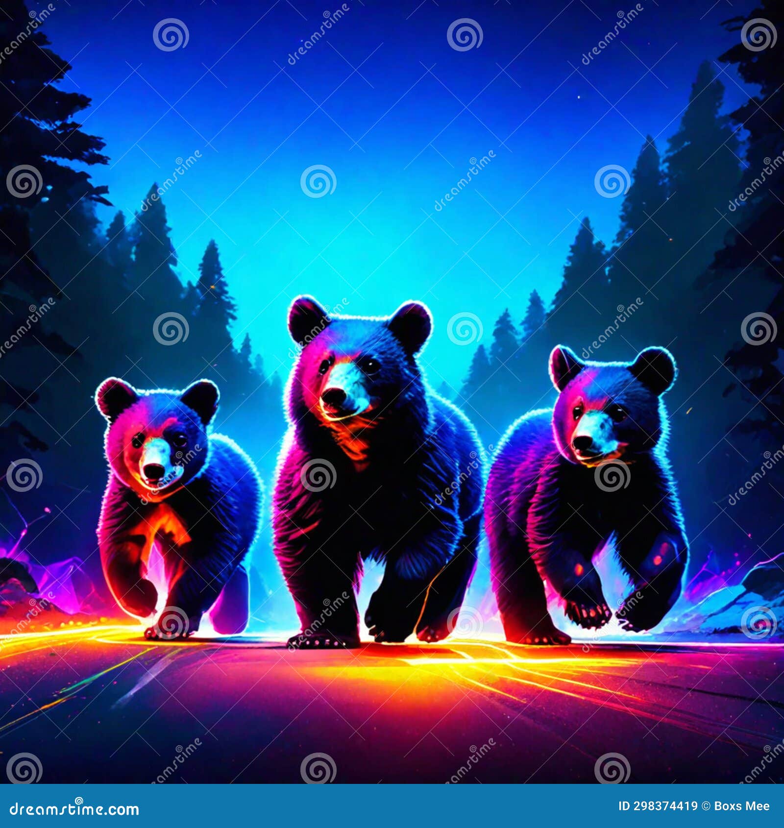 Three Bears Walking on the Road in the Forest. 3D Rendering AI ...