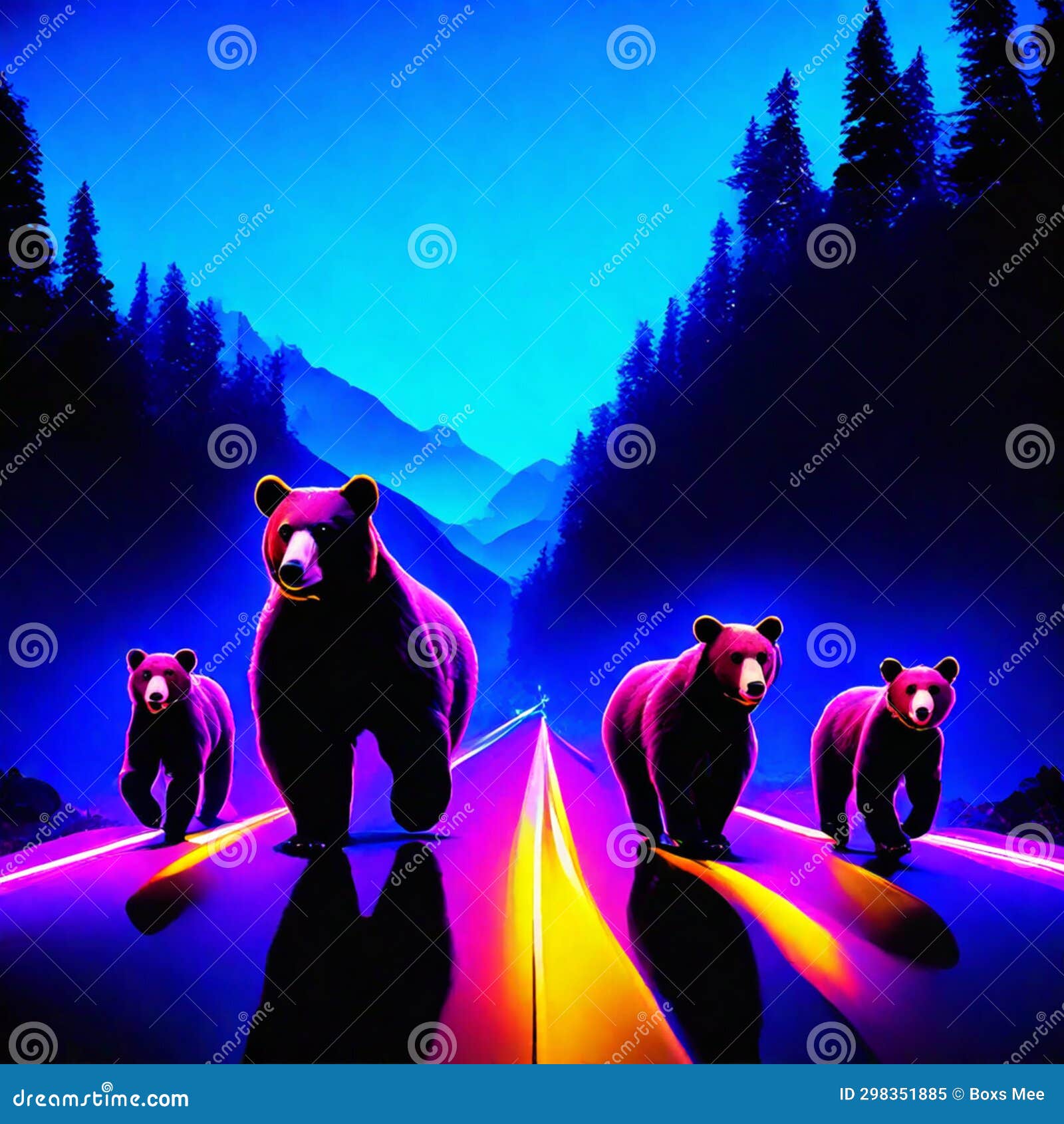 Three Bears Walking on a Road in the Mountains. 3D Rendering AI ...