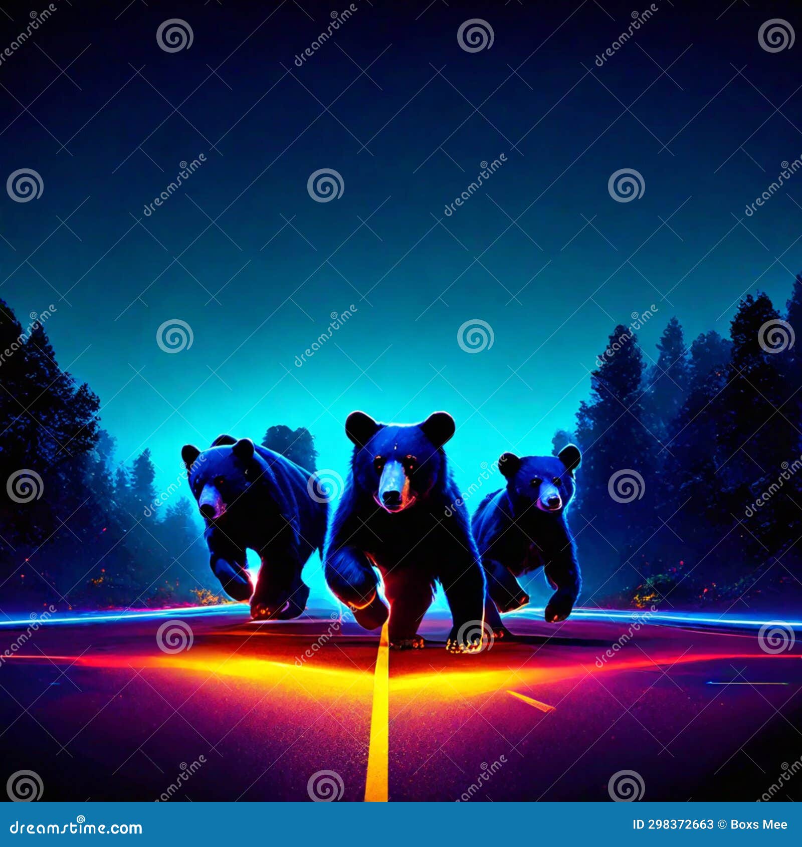 Three Bears Walking on the Road at Night. 3D Rendering Stock ...