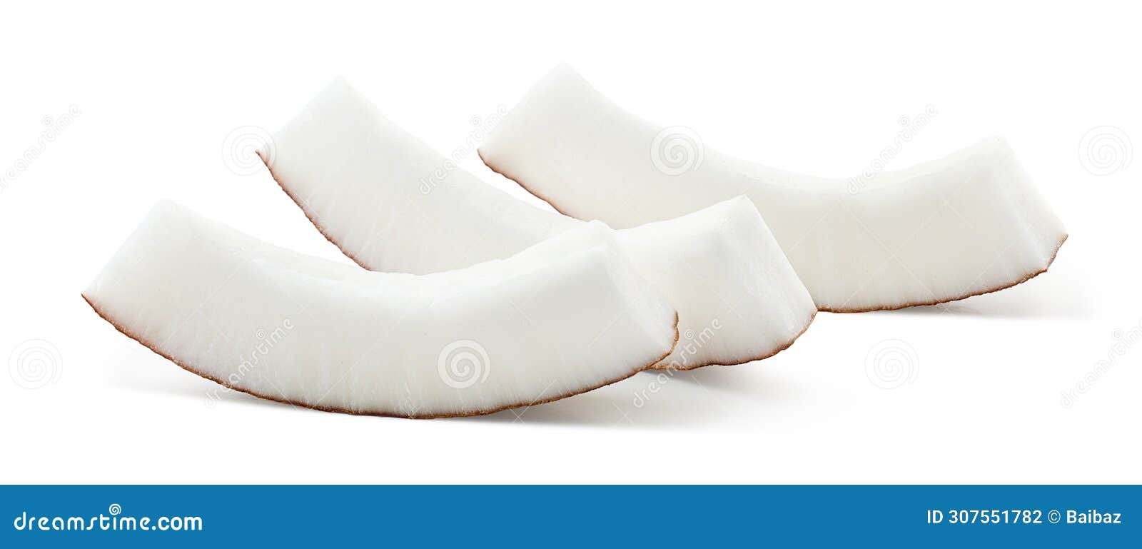 Three Beautiful Fresh Coconut Pieces or Slices on White Background ...