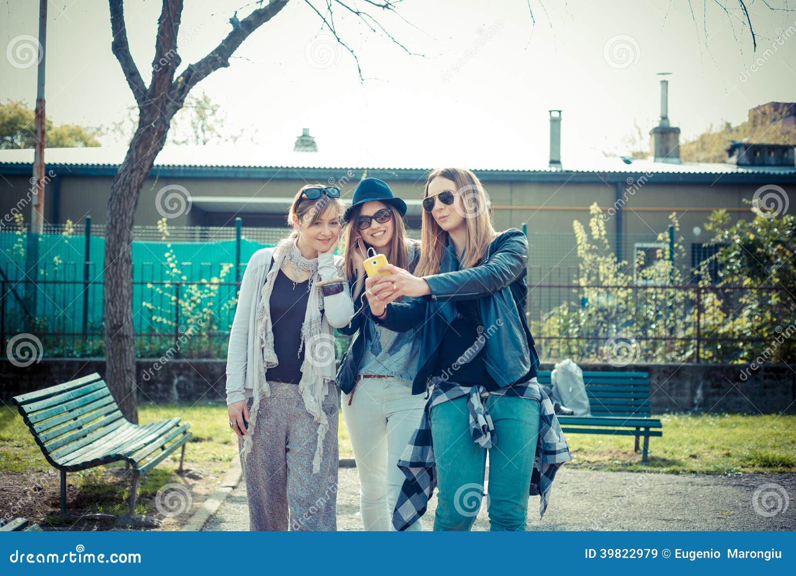 Three Beautiful Friends Authentic Stock Image - Image of phone ...