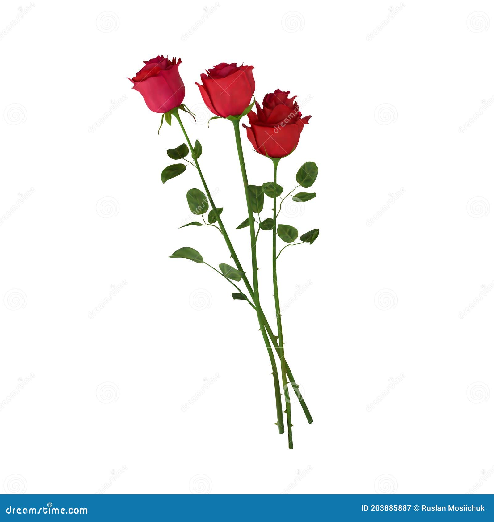Three Beautiful Pink Roses with Leaves. 3d Vector Illustration Stock ...