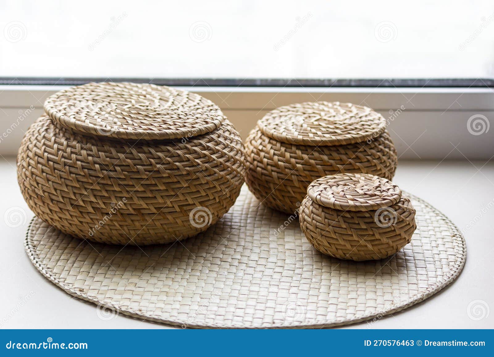 Three Beautiful Wicker Boxes on the Windowsill Stock Image - Image of ...
