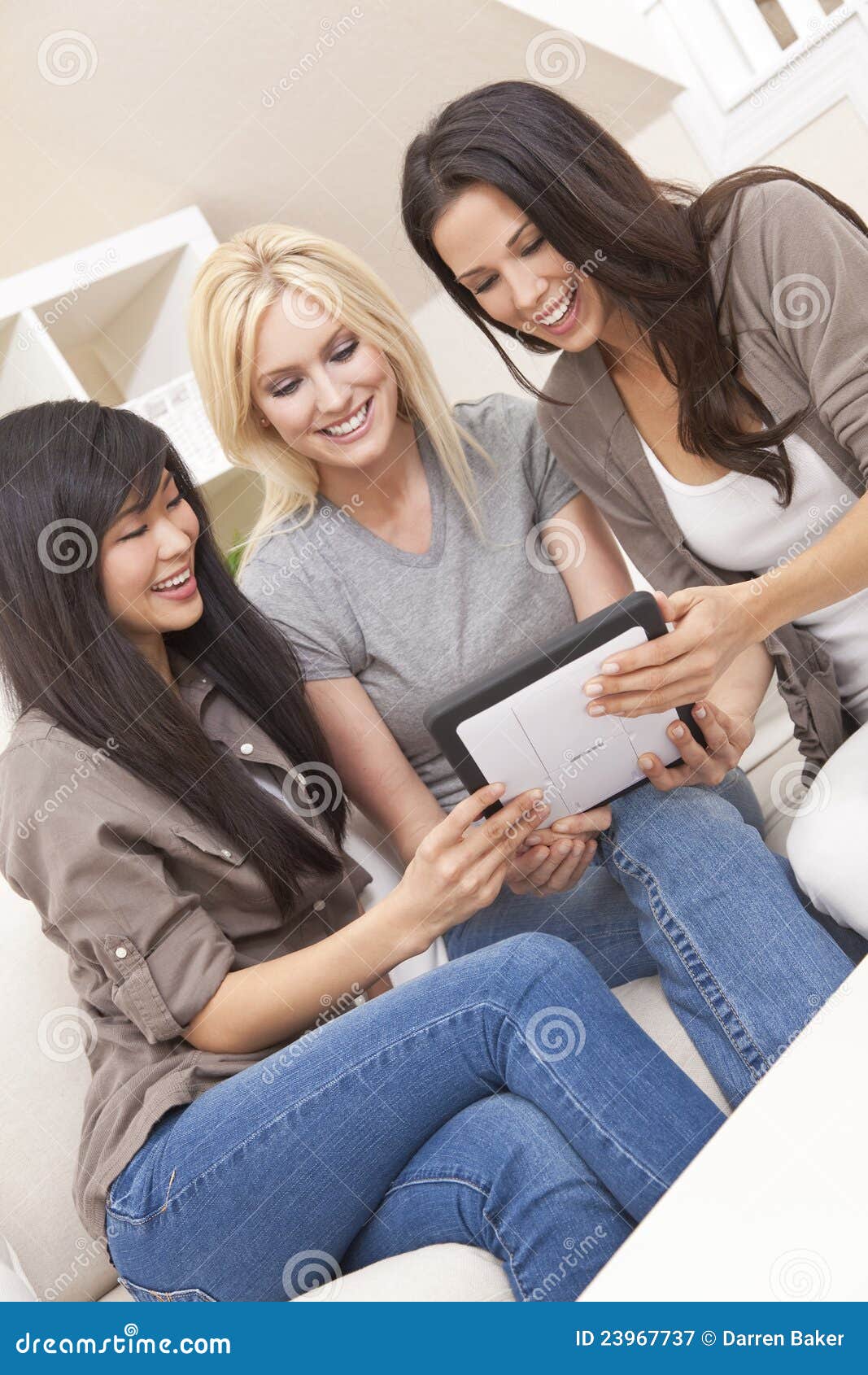 Three Beautiful Women Friends with Tablet Computer Stock Image - Image ...