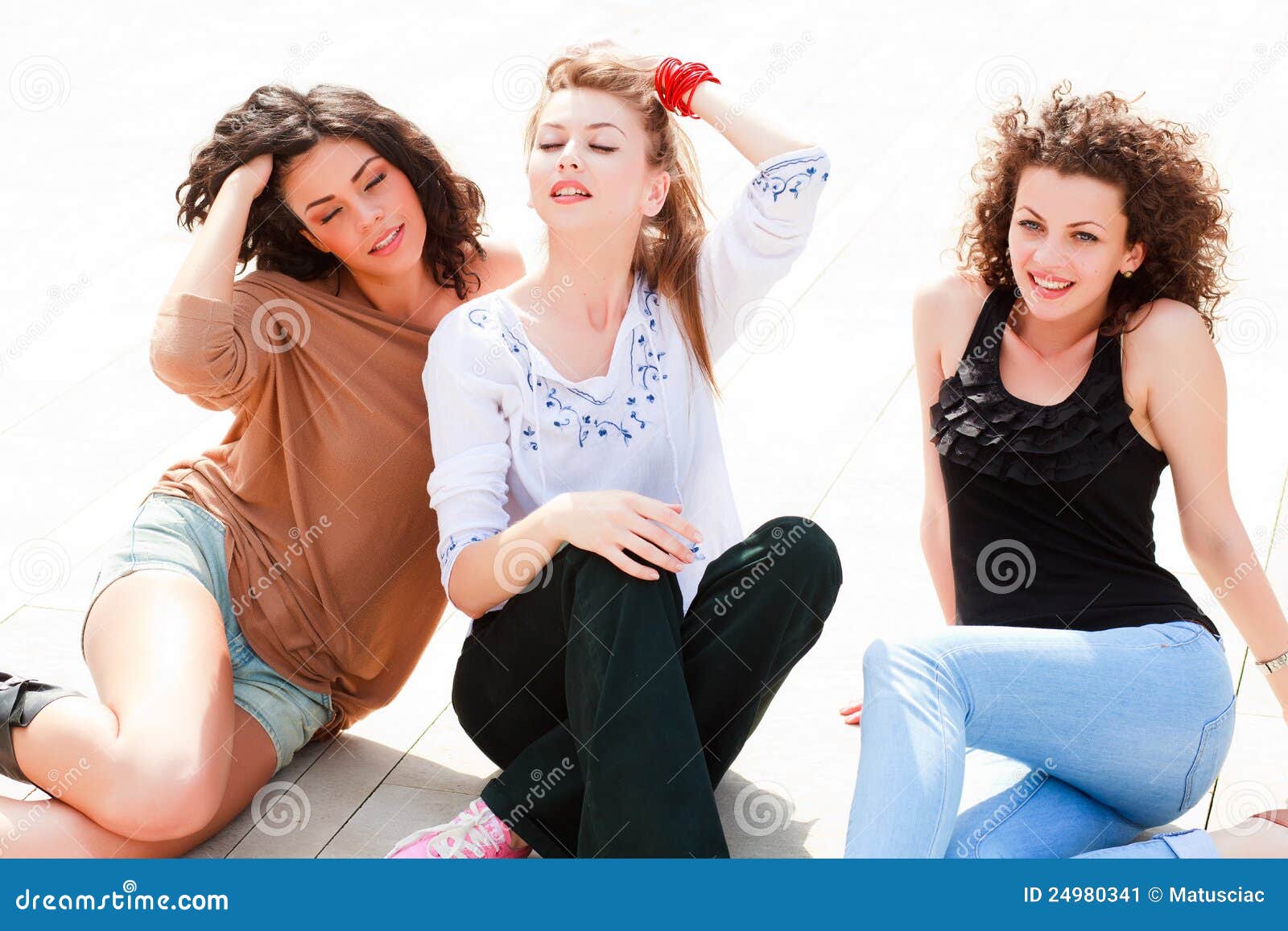 Three Beautiful Women Smiling Stock Image - Image of horizontal, river ...