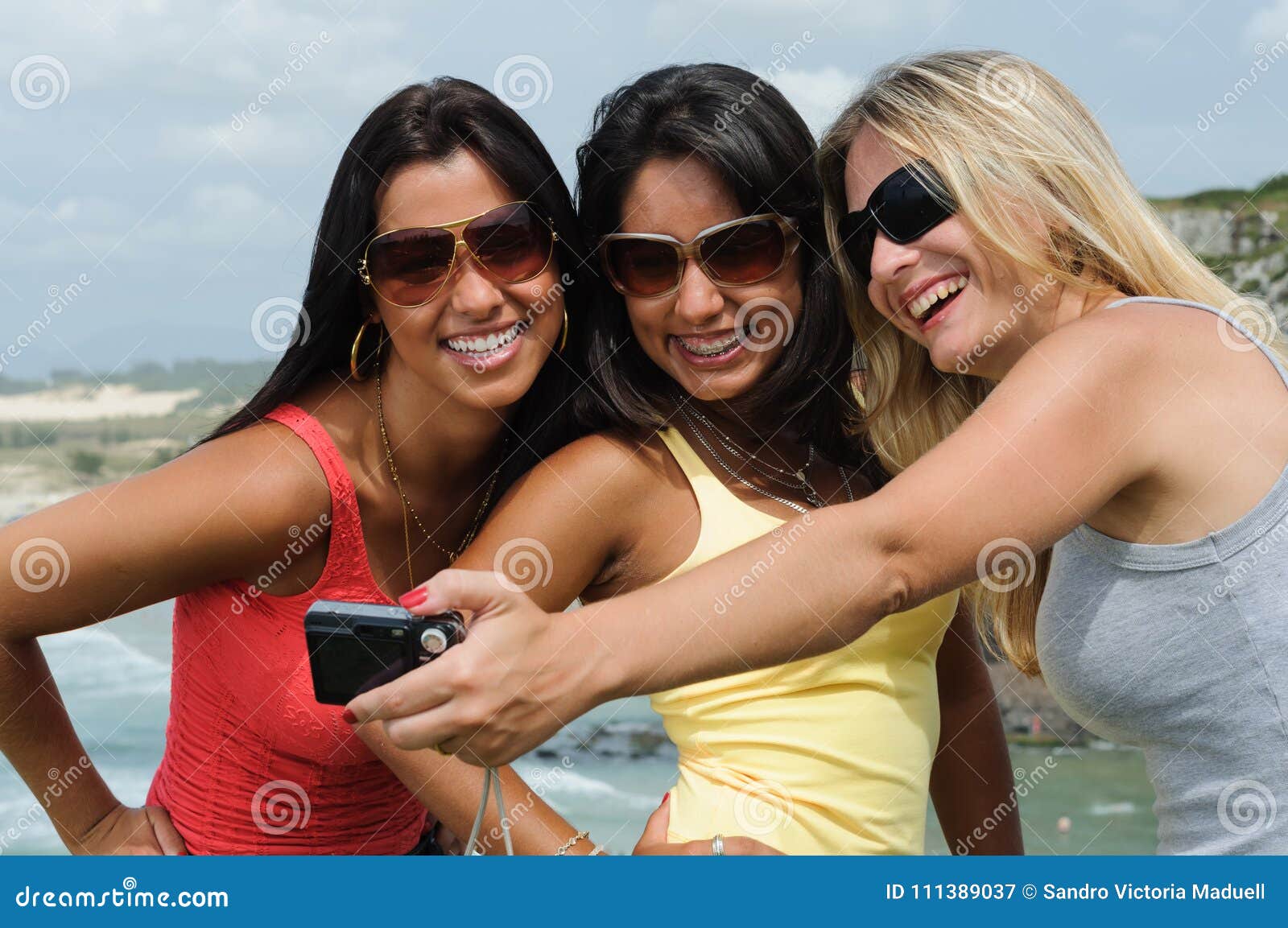 Three Beautiful Women Taking Selfie On The Beach Stock Image Image Of
