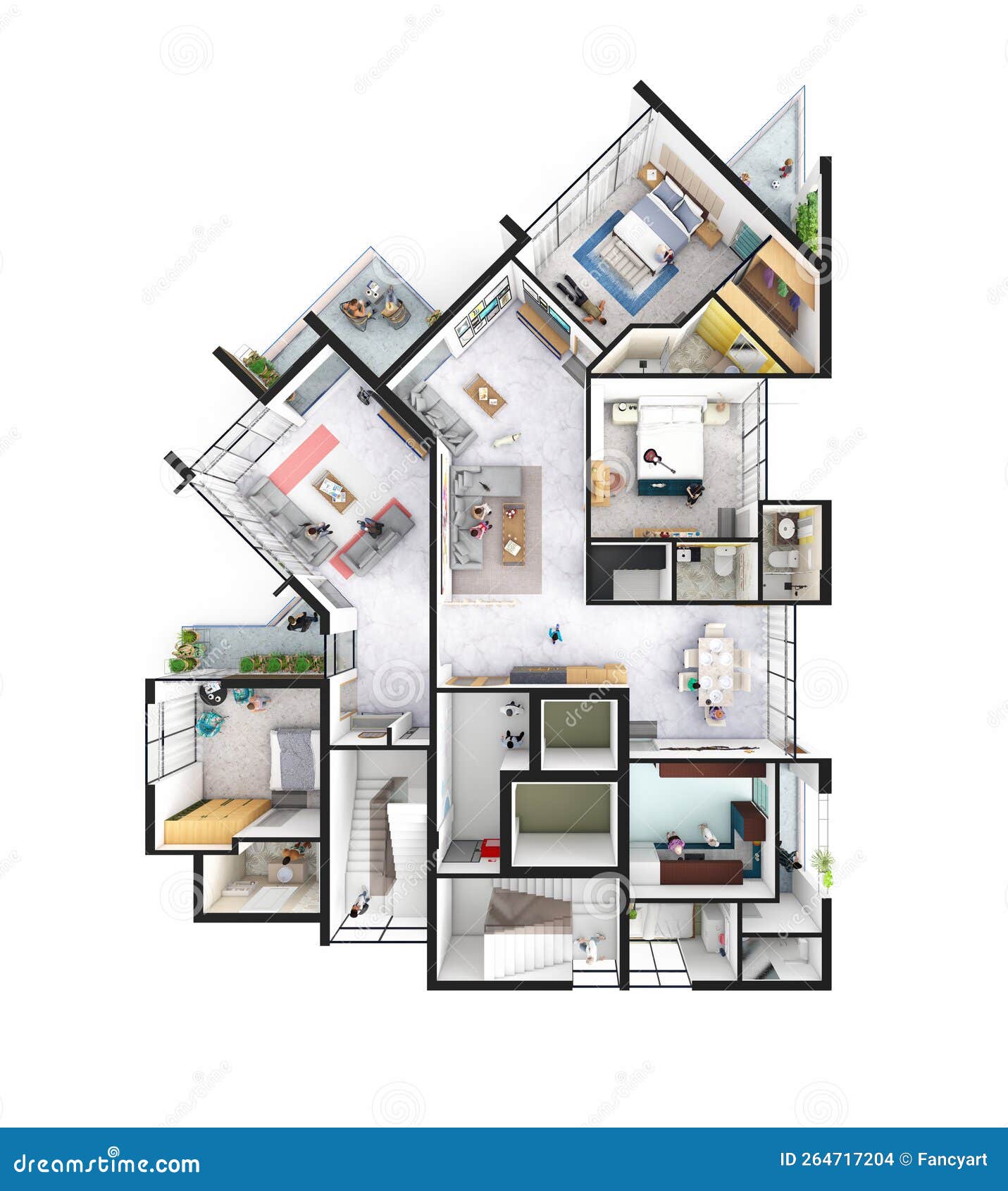 Three Bedroom Family Apartment Axonometric Typical Floor Plan 3d Stock ...