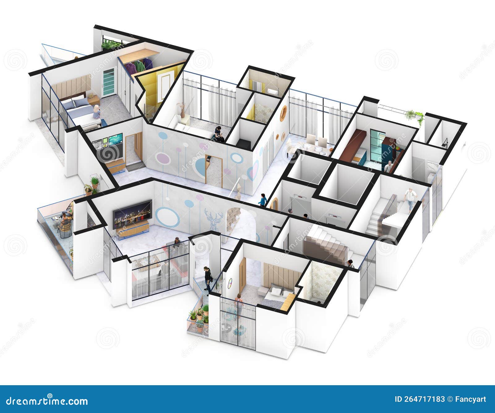 Three Bedroom Family Apartment 3d Isometric Typical Floor Plan Stock ...