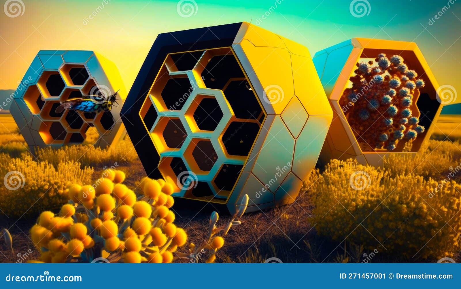 Three Beehive Shaped Structures in the Middle of Field. Generative AI ...