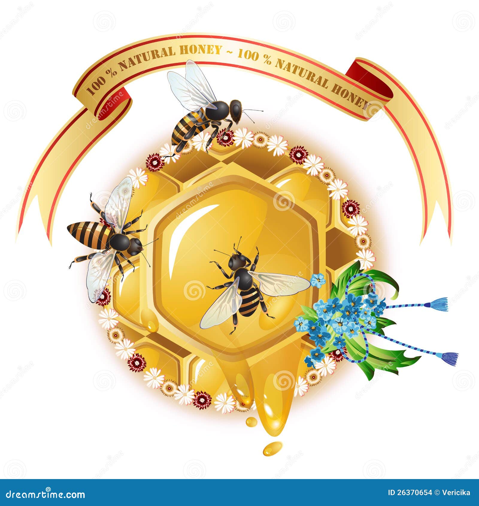 Three Bees, Honeycomb and Ribbon Stock Vector - Illustration of design ...