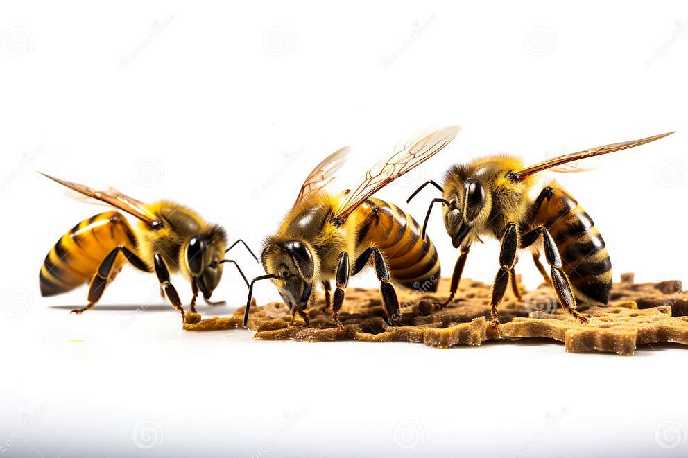 Three Bees on Piece of Bread with One of Them Facing the Camera ...