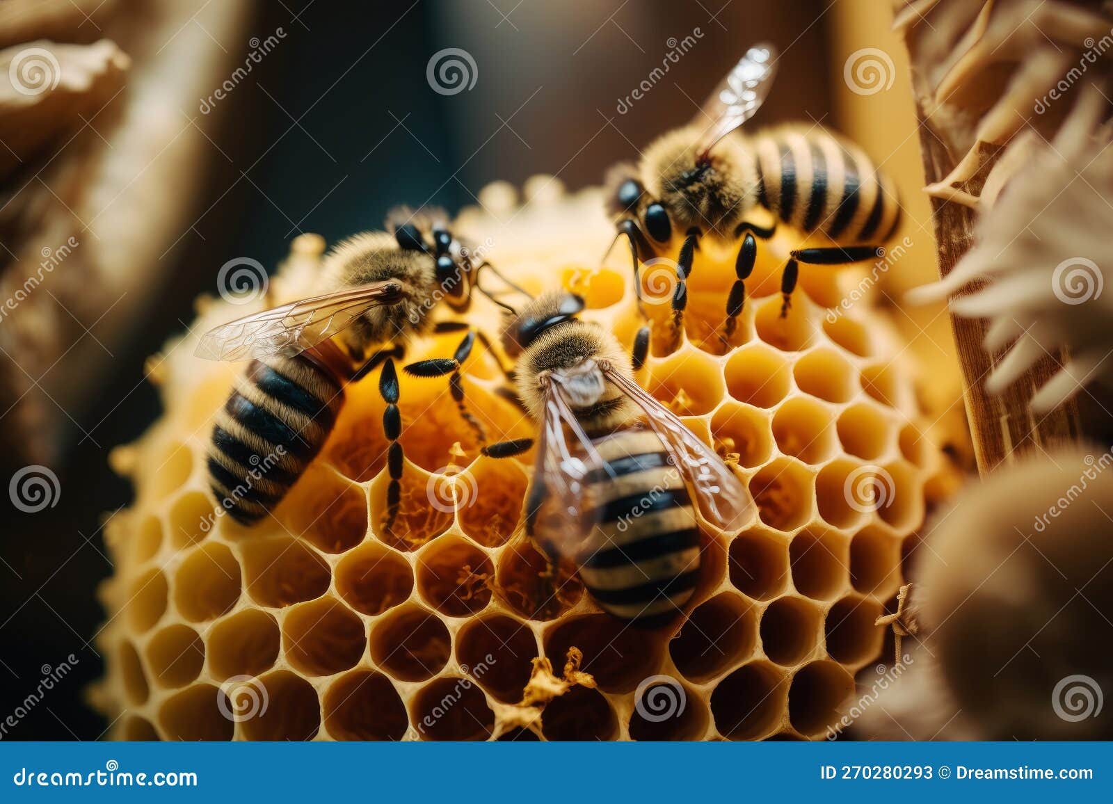 Three Bees are Working on Honeycomb. Generative AI Stock Illustration ...