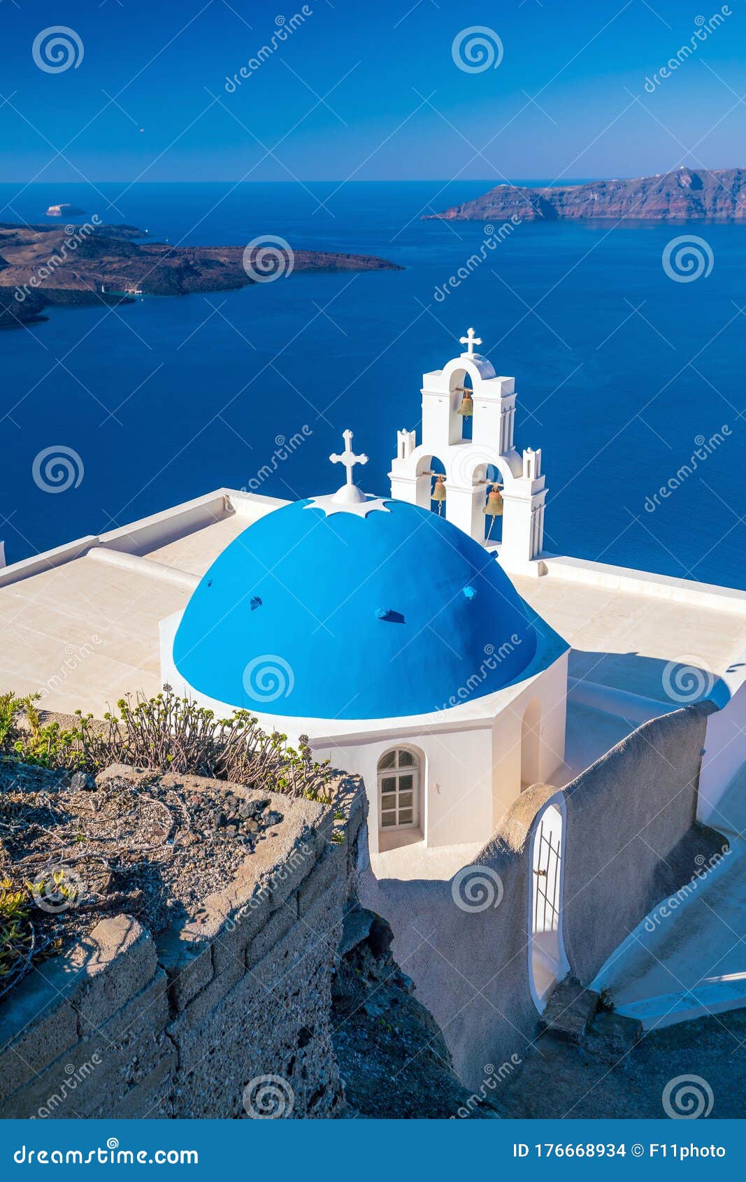 Three Bells of Fira in Santorini, Greece Stock Photo - Image of ...