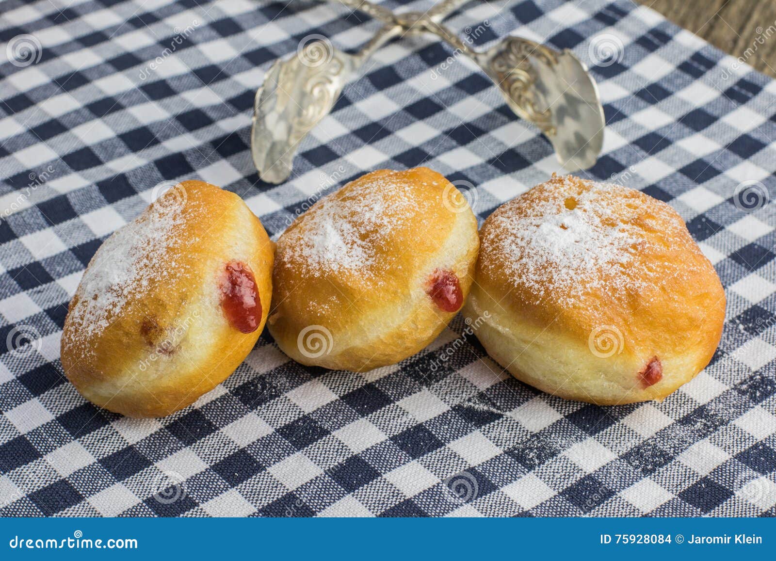 Three Berliners (doughnut) with Strawberry Jam Stock Photo - Image of ...