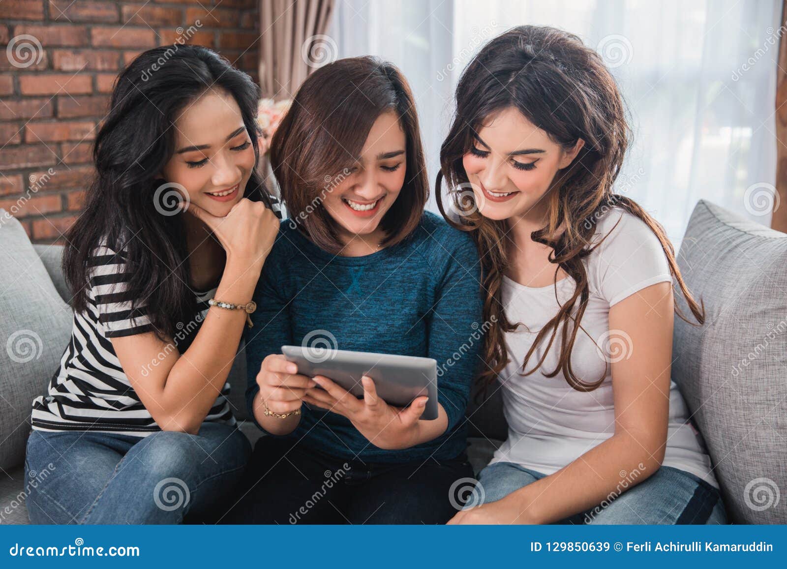 Three Best Friend Using Tablet Pc Together Stock Image - Image of ...
