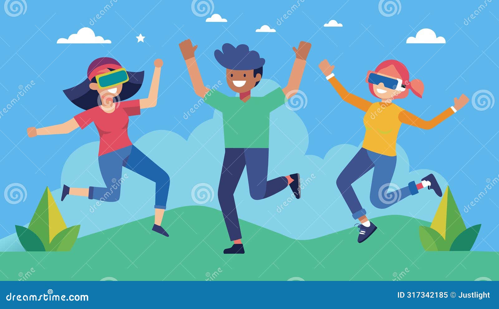 Three Best Friends Jumping and Dodging Imaginary Obstacles As they ...