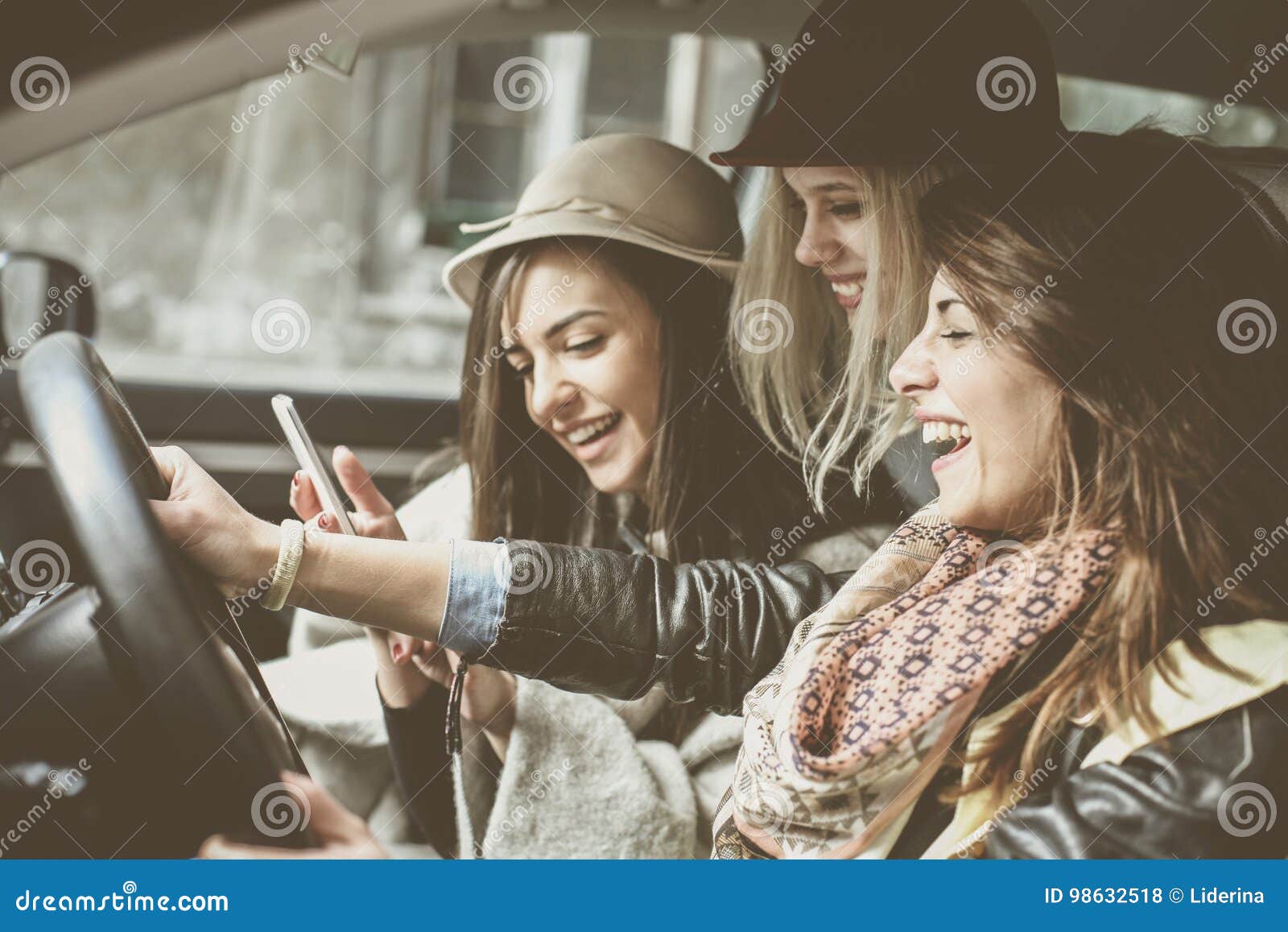 Three Best Friends Riding in the Car. Stock Photo - Image of cheerful ...
