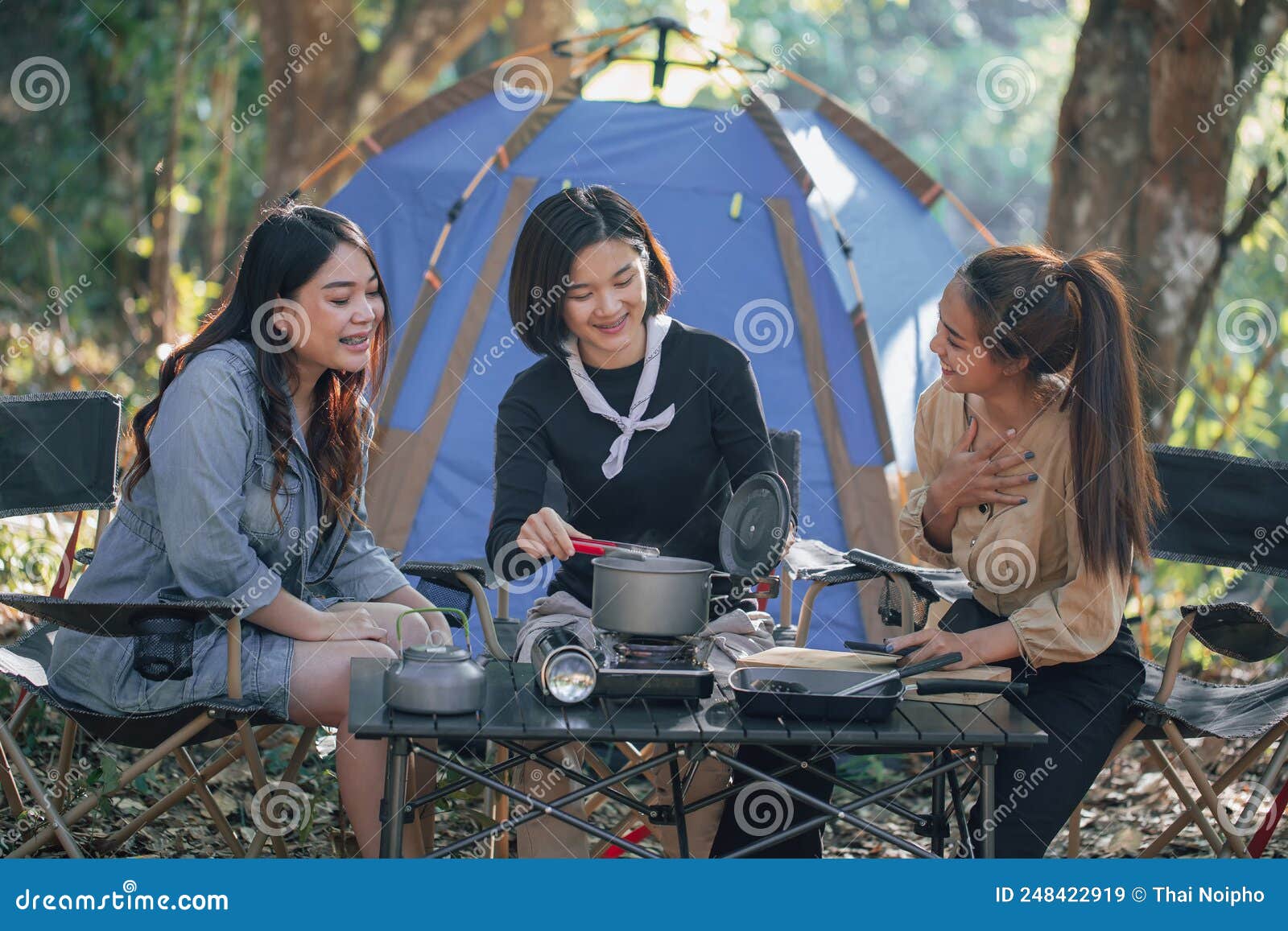 Three Bestie Go Camping in the Forest Stock Image - Image of camping ...