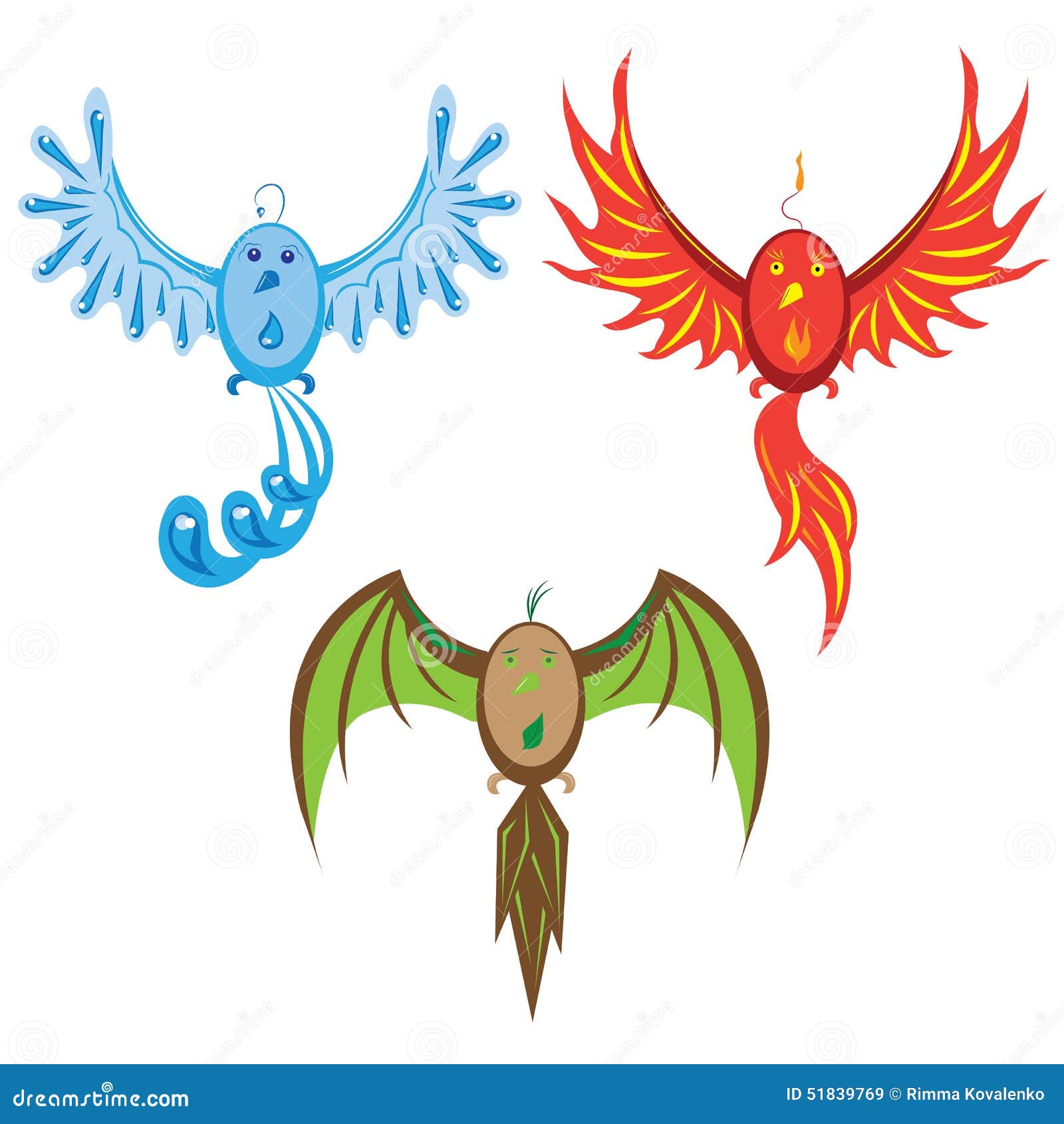 Three birds of elements. stock vector. Illustration of water - 51839769