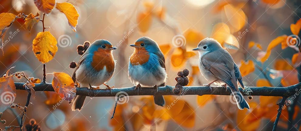 Three Birds Perched on Tree Branch Stock Photo - Image of perching ...