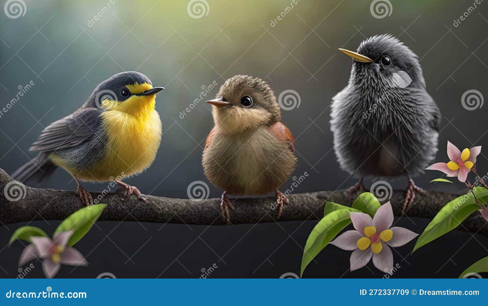 Three Birds Sitting on a Branch with Flowers in the Background Stock ...