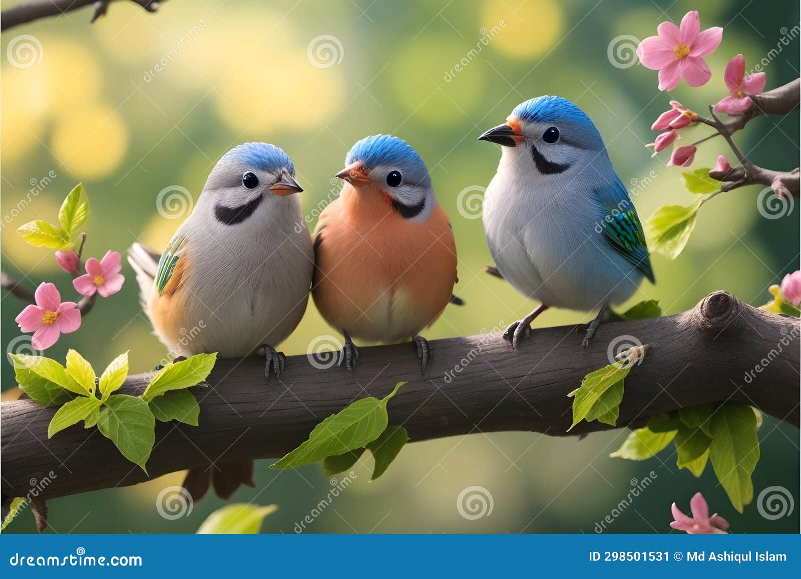 Three Birds Sitting on a Branch with Flowers Stock Illustration ...