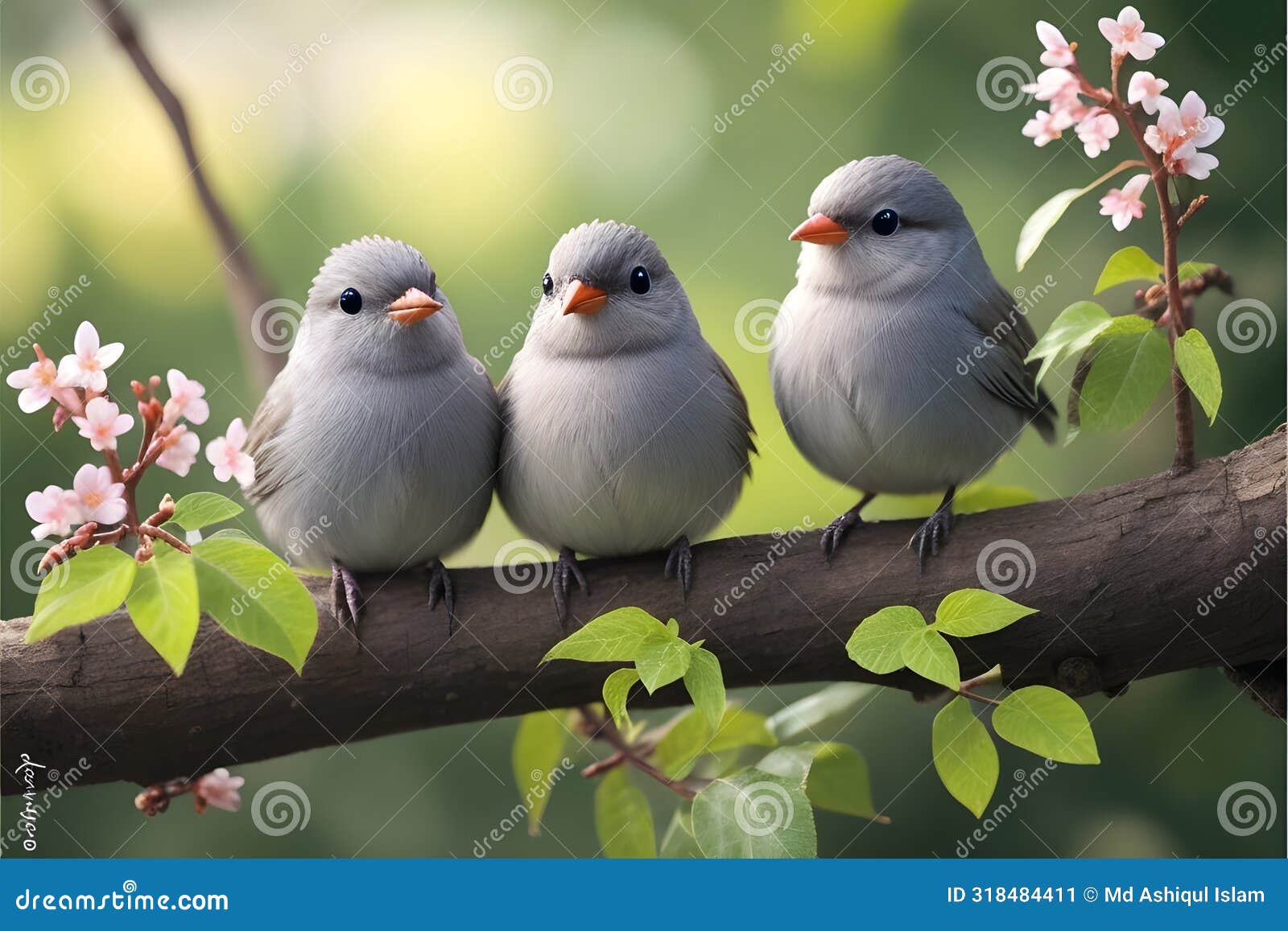 Three Birds Sitting on a Branch with Flowers in the Background Stock ...
