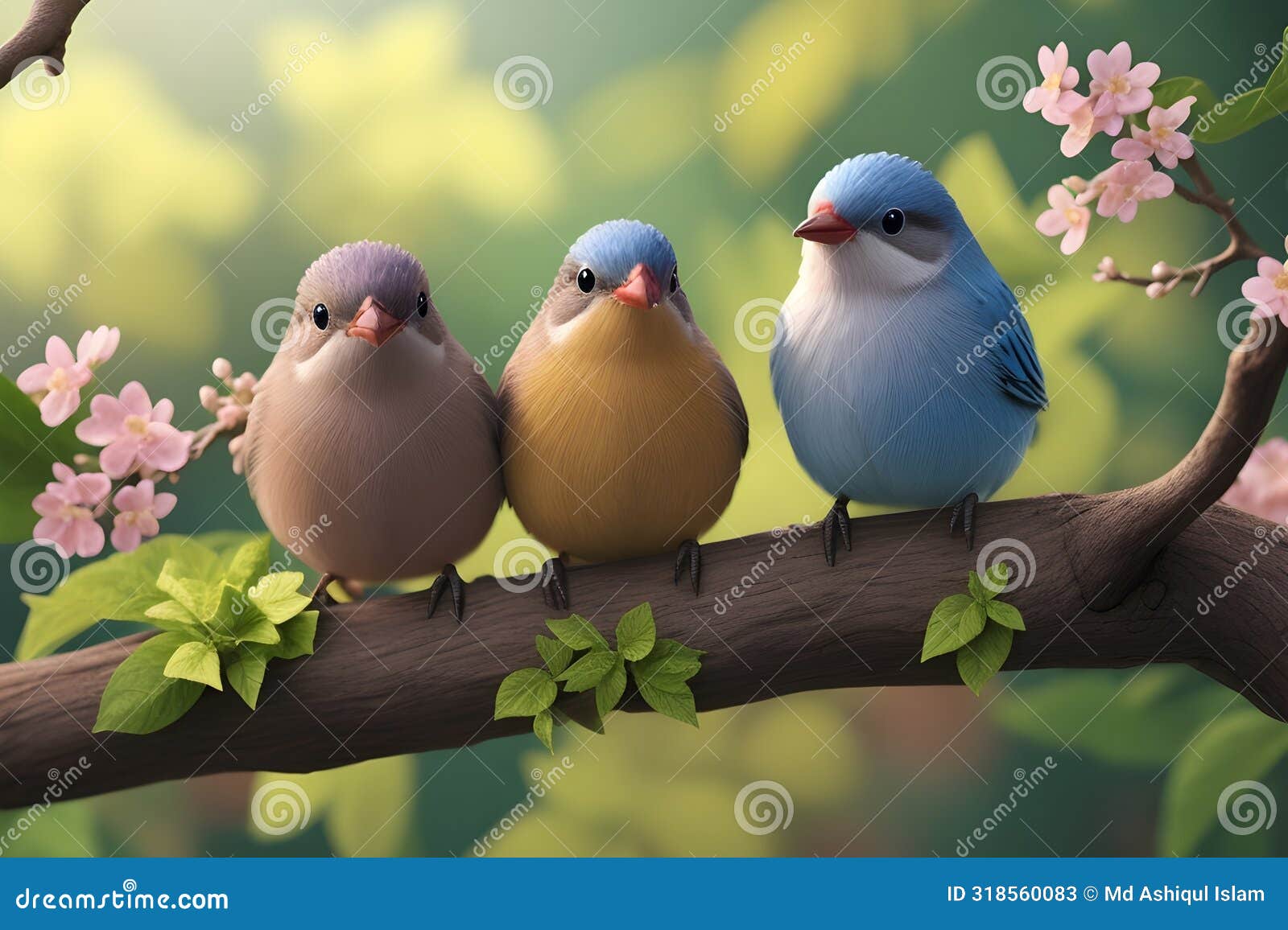Three Birds are Sitting on a Branch with Pink Flowers Stock ...