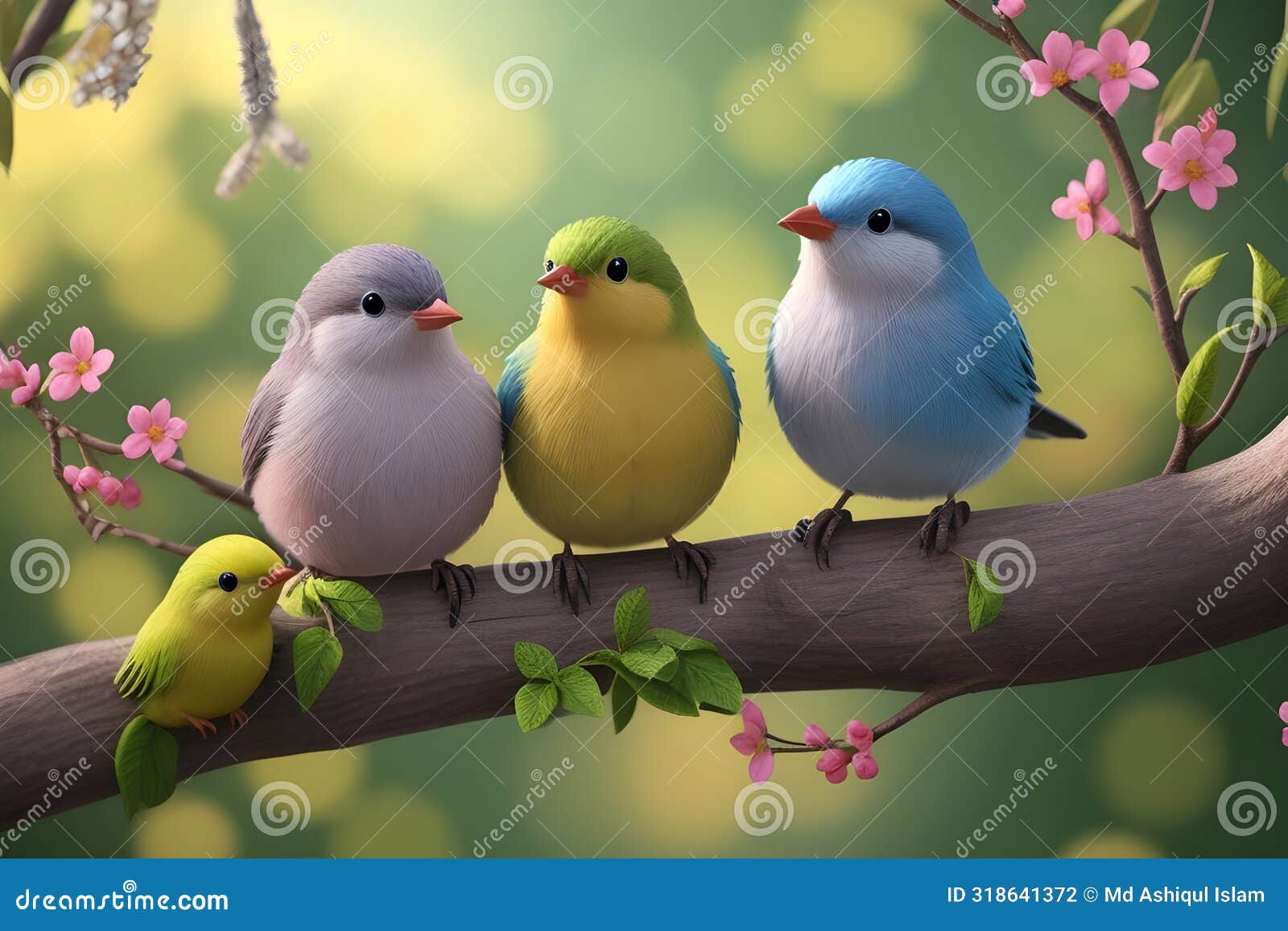 Three Birds are Sitting on a Branch with Pink Flowers Stock ...