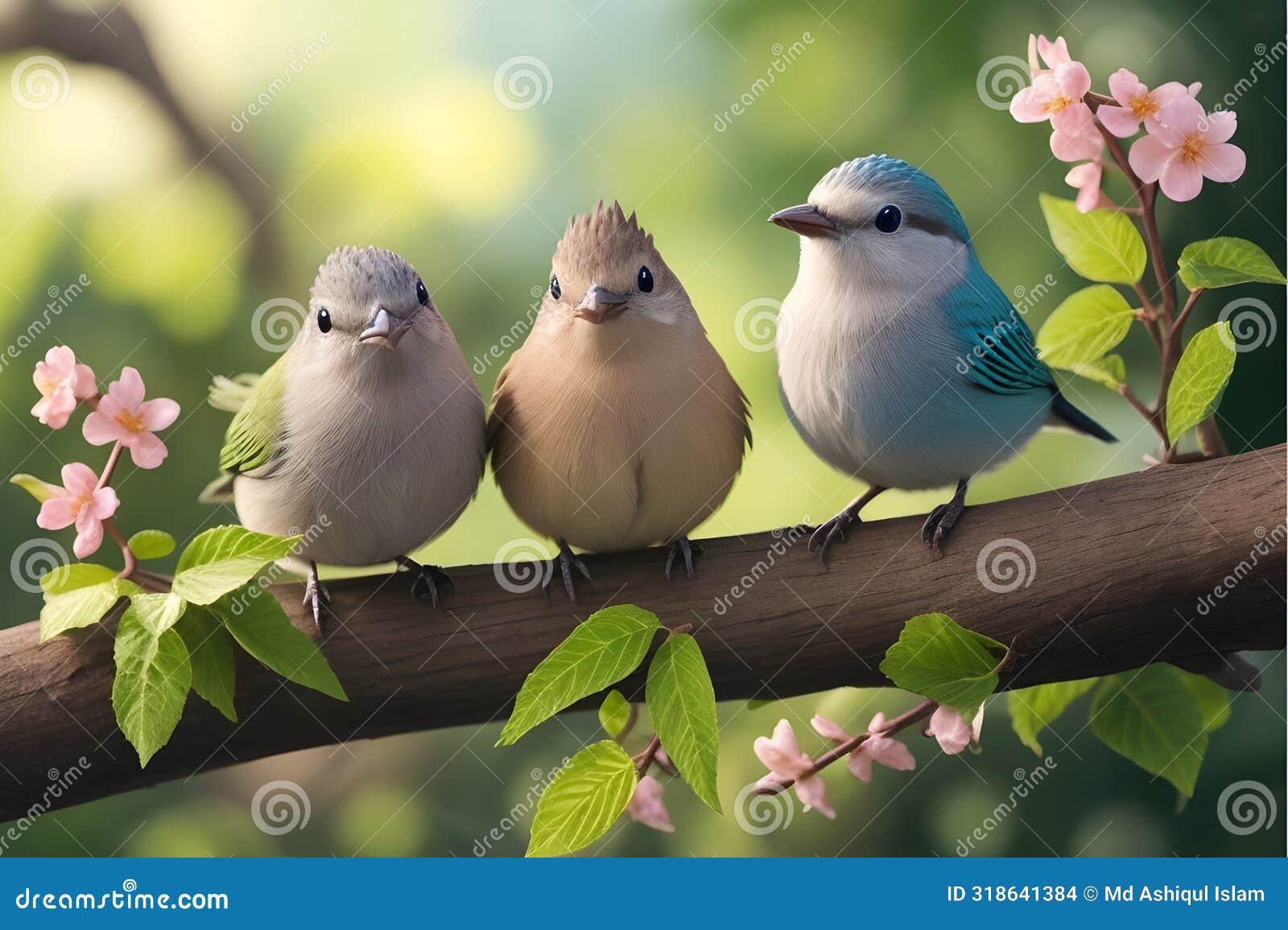 Three Birds are Sitting on a Branch with Pink Flowers in the Background ...