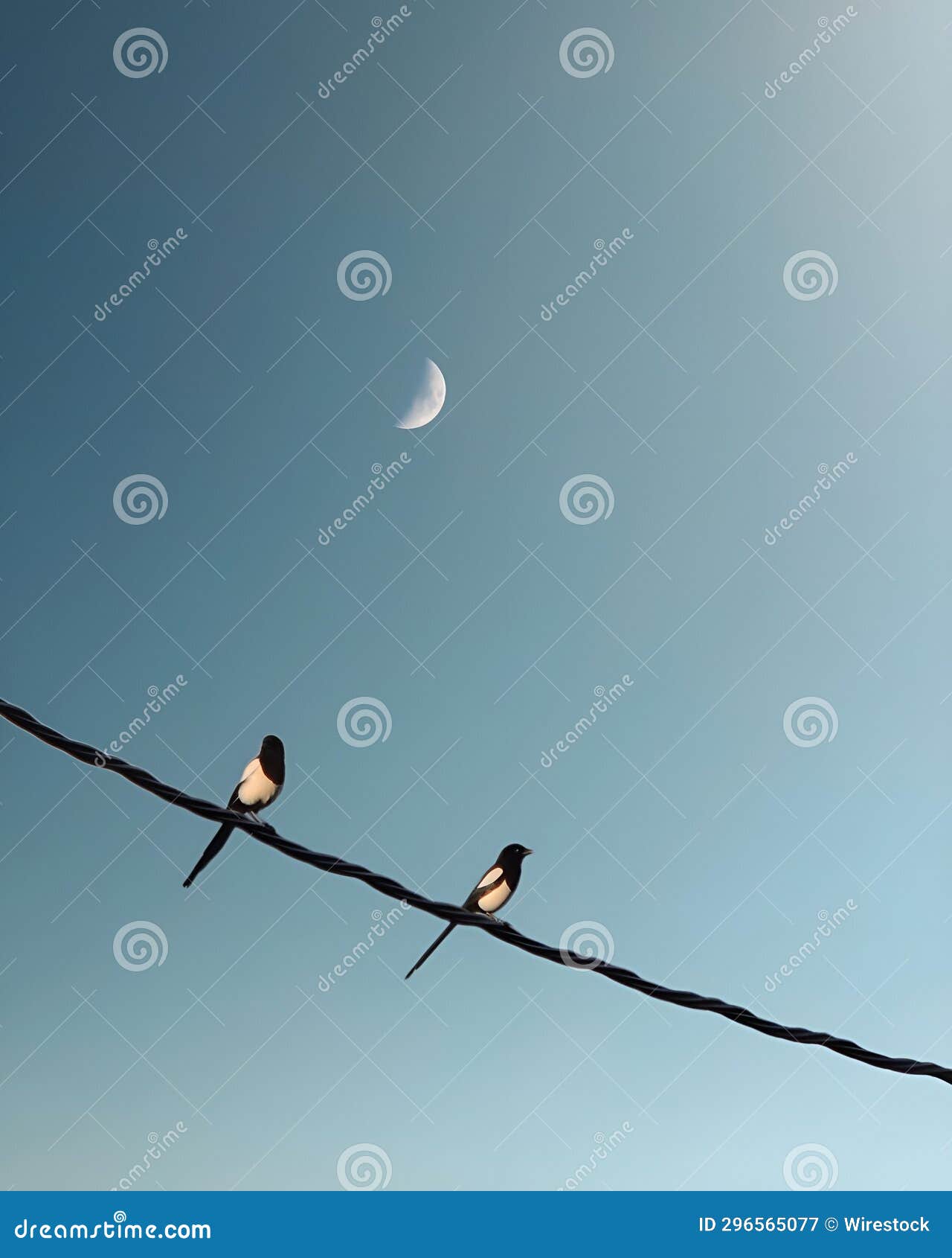 Three Birds Sitting on the Top of a Wire Together and the Crescent in ...