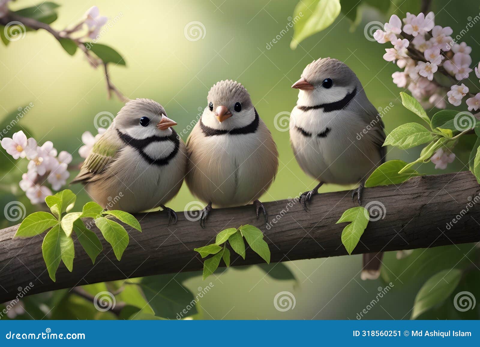 Three Birds are Sitting on a Tree Branch, One of Which Has a Green Leaf ...