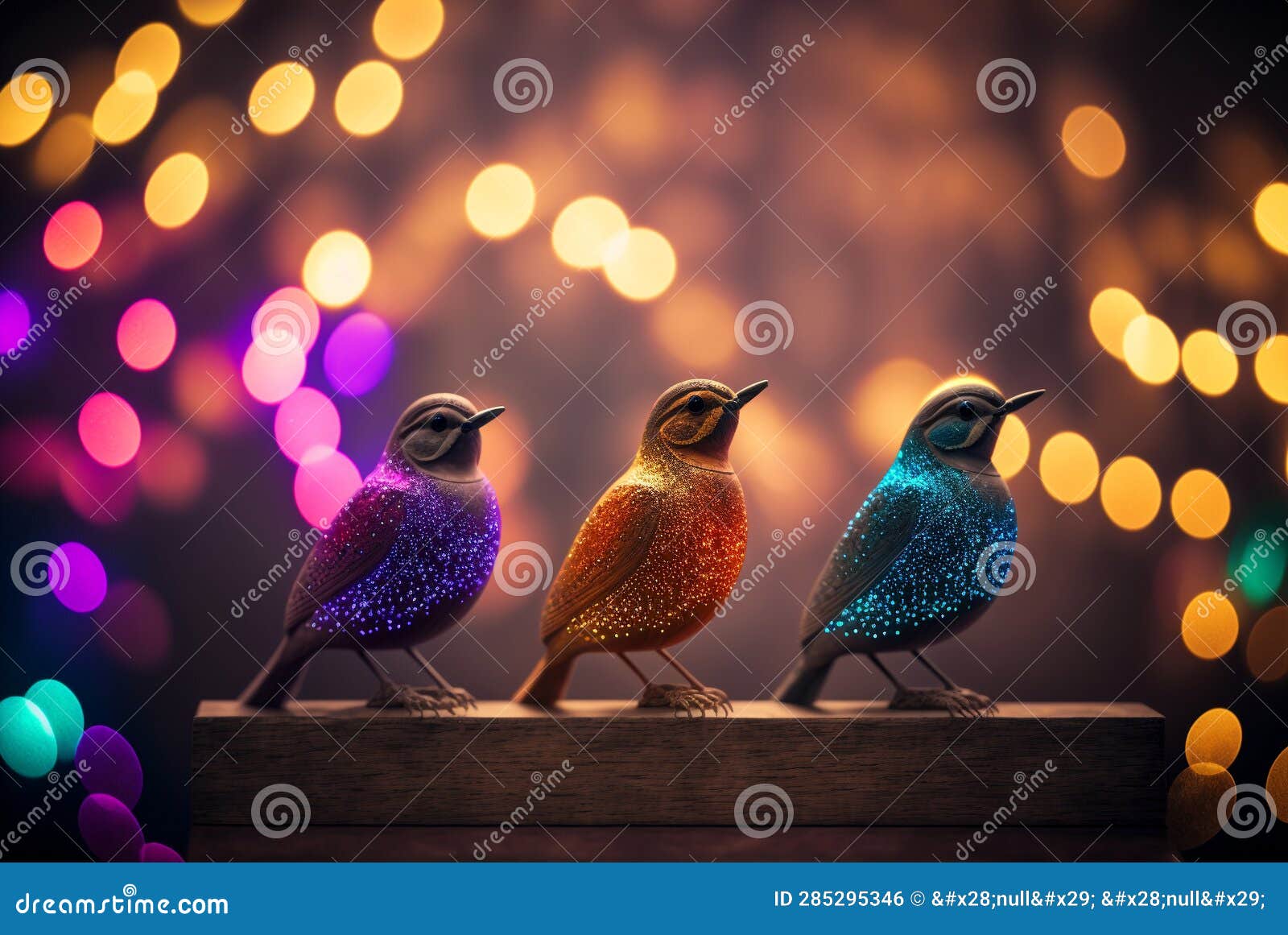 Three Birds Stand on Old Wood,the Background is Bokeh. Generative AI ...