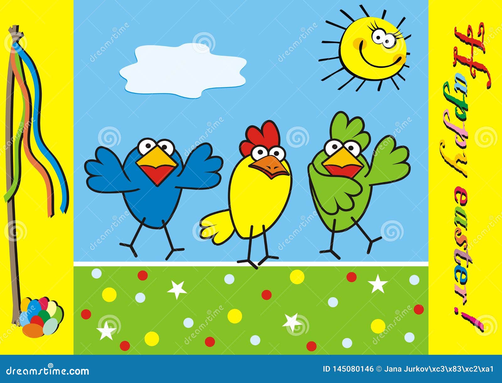 Three Birds, Happy Easter, Vector Funny Icon, Postcard Stock Vector ...