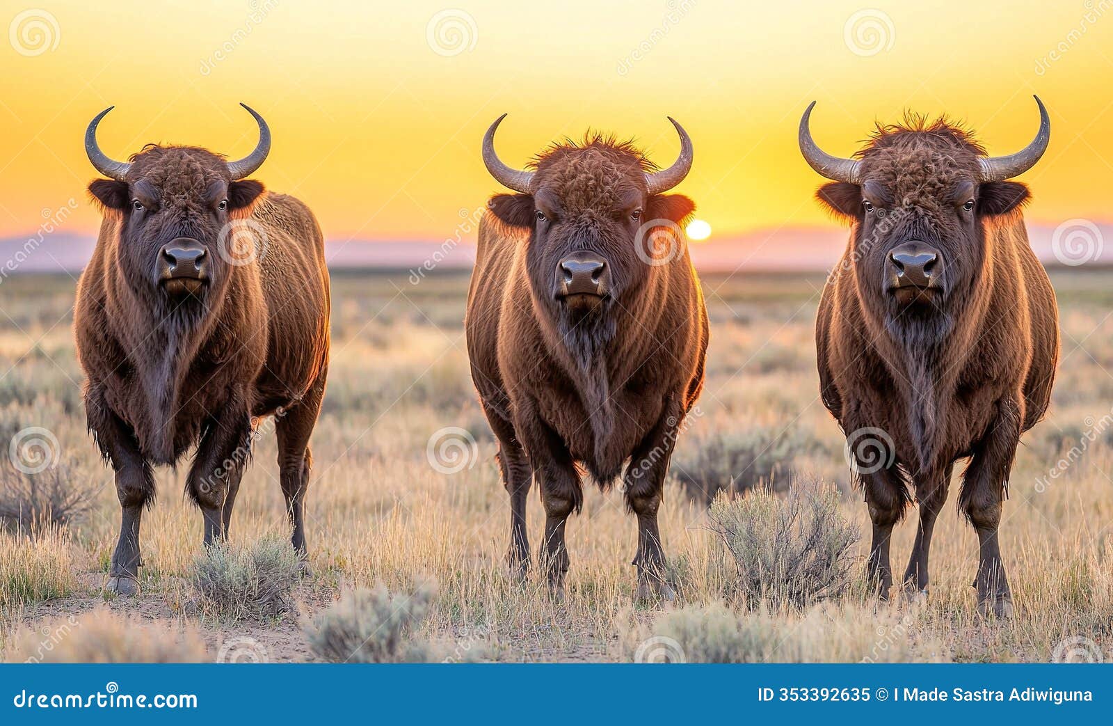Three Bison Stand in a Field at Sunset Stock Illustration ...