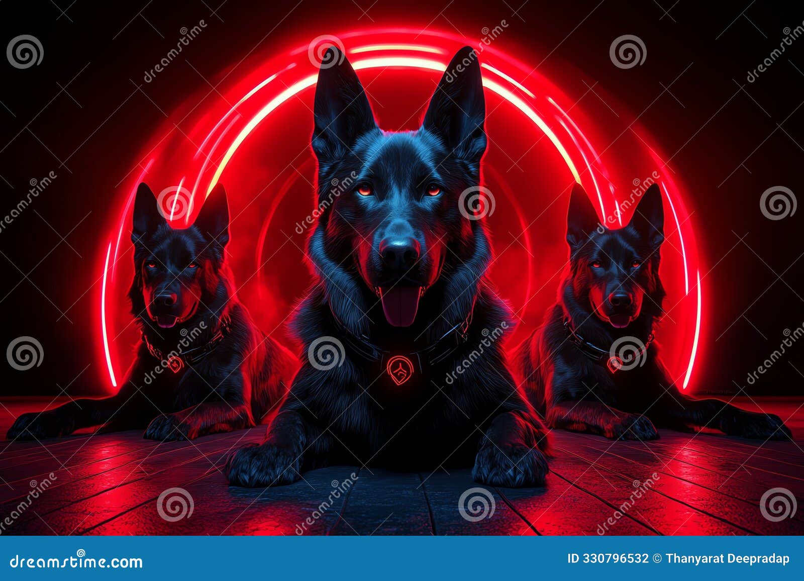 Three Black German Shepherds in Front of a Glowing Red Neon Circle ...