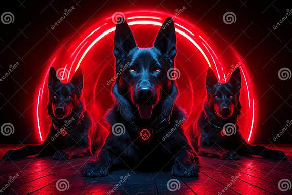 Three Black German Shepherds in Front of a Glowing Red Neon Circle ...