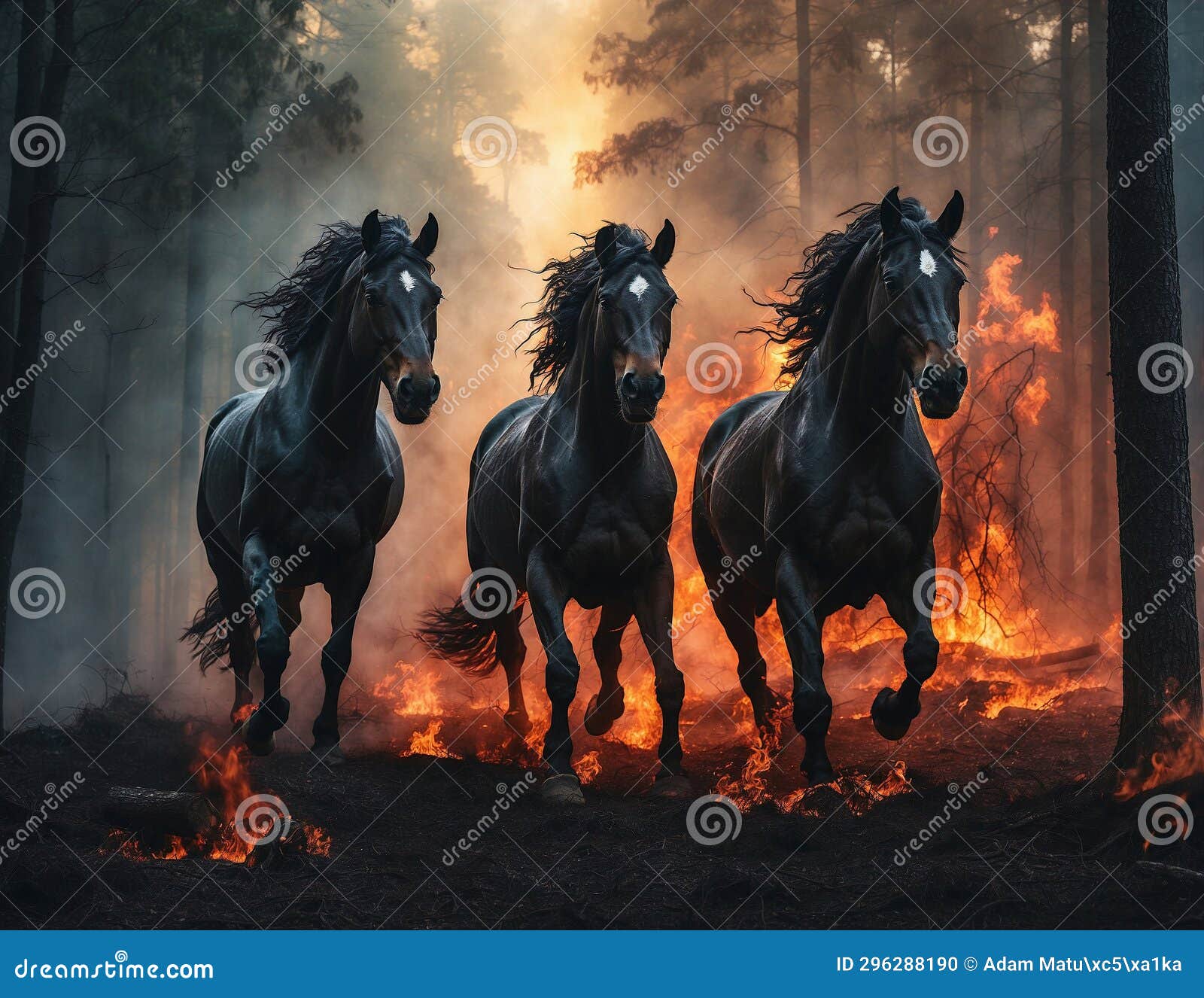 Three Black Horses Running from Fire Stock Illustration - Illustration ...