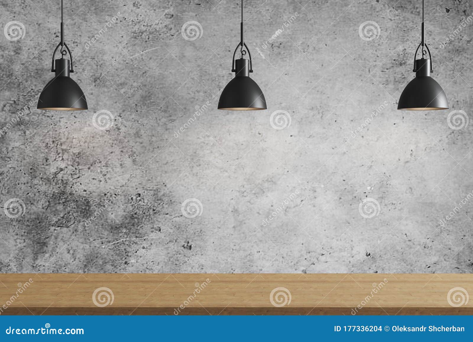Three Black Pendant Light Above Wooden Surface on Gray Concrete Wall ...