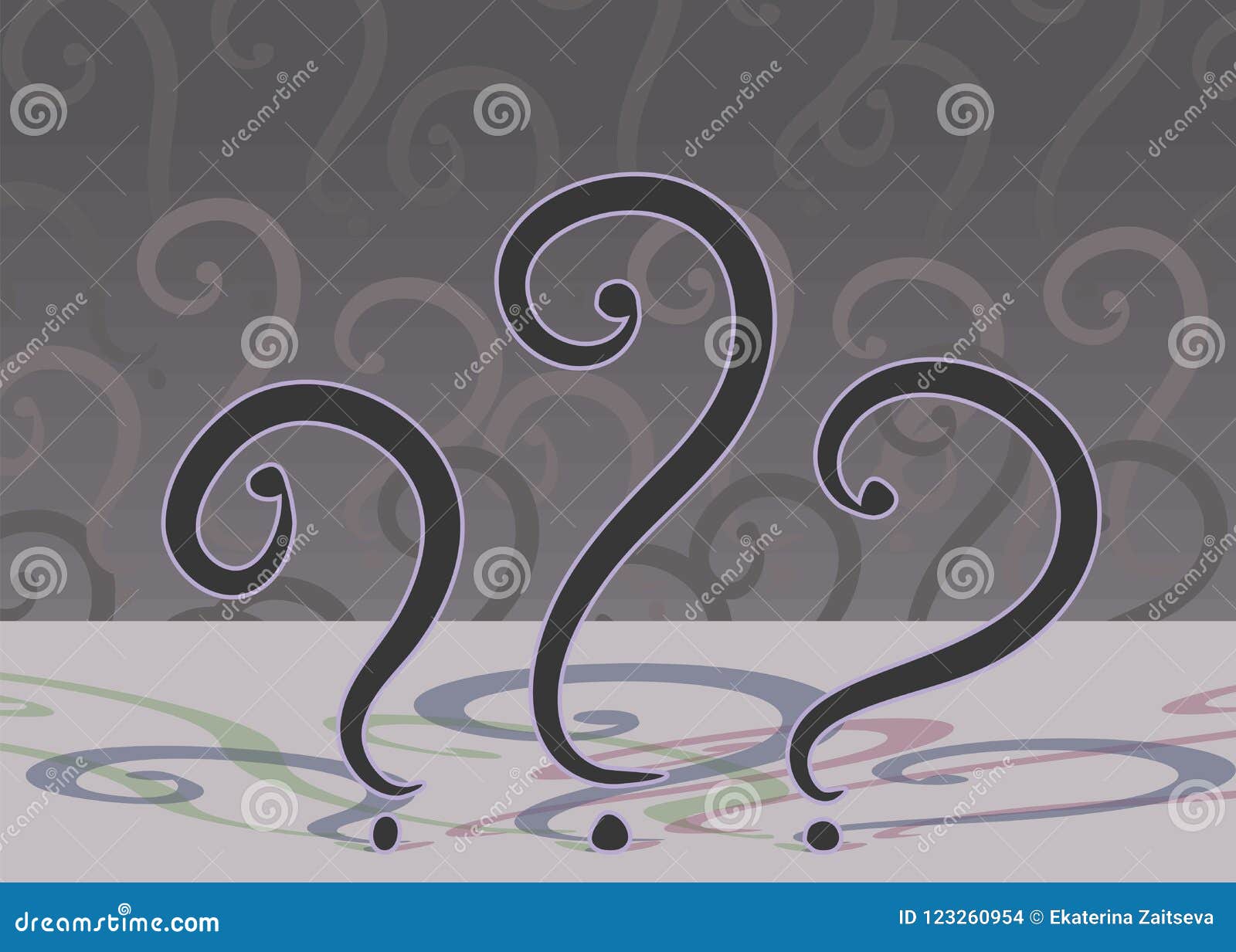 Three Black Question Marks on a Background of Multi-colored Shadows and ...