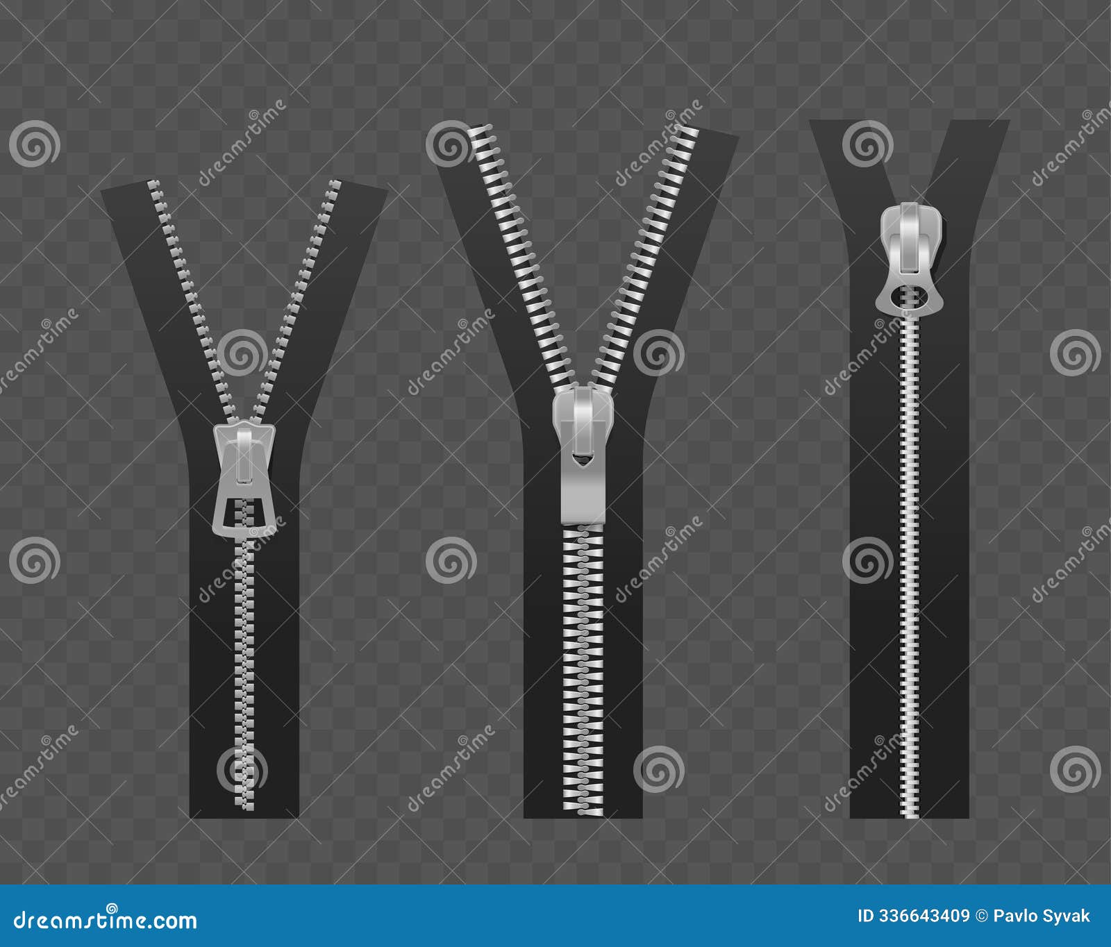 Three Black Zippers with Metallic Sliders Isolated on Transparent ...