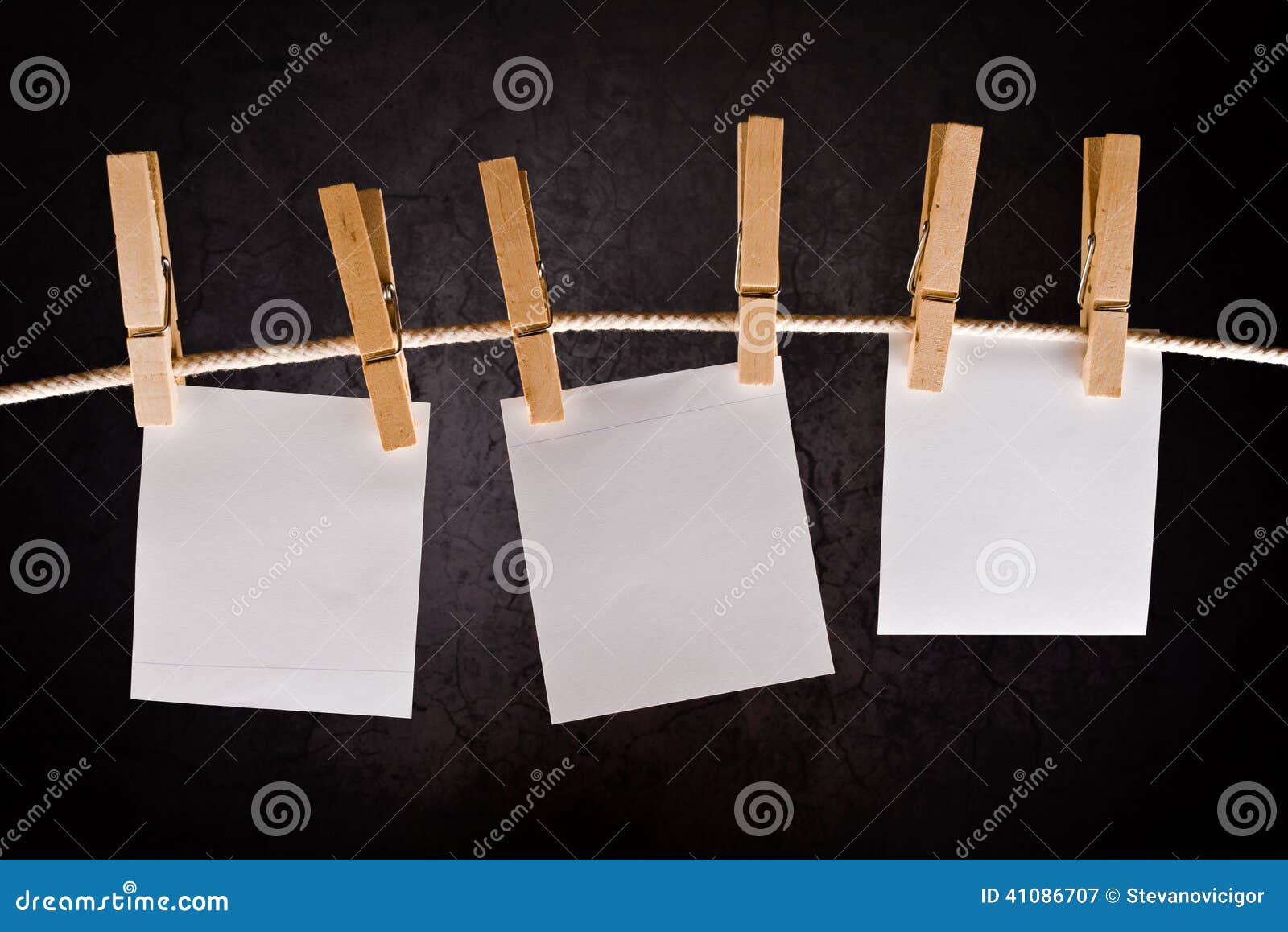 Three Blank Paper Notes Hanging on Rope with Clothes Pins Stock Image ...
