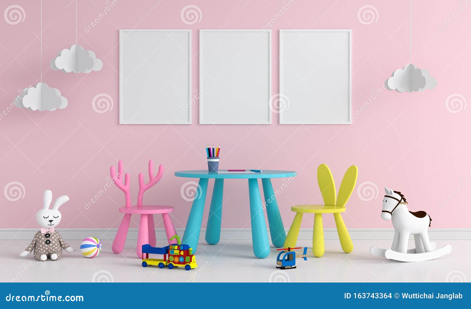 Three Blank Photo Frame for Mockup in Children Room, 3D Rendering Stock ...