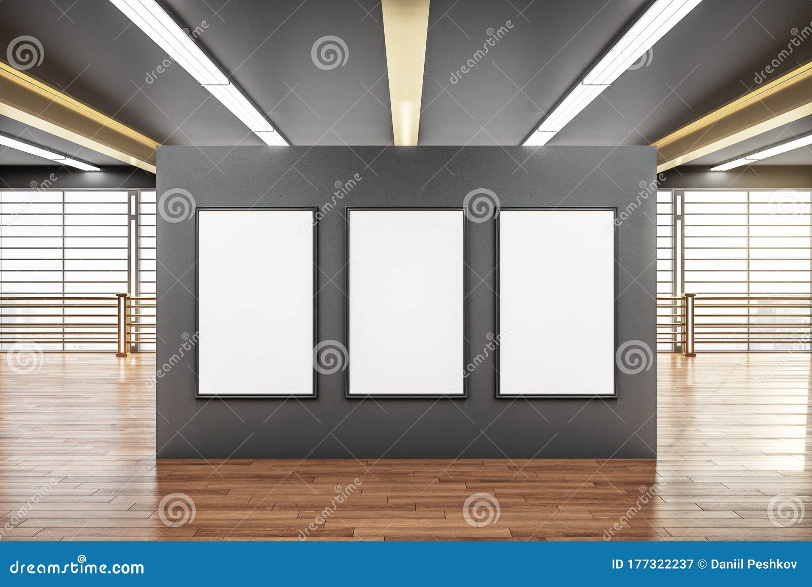 Three Blank Poster on Gray Wall in Modern Spacious Hall Stock ...