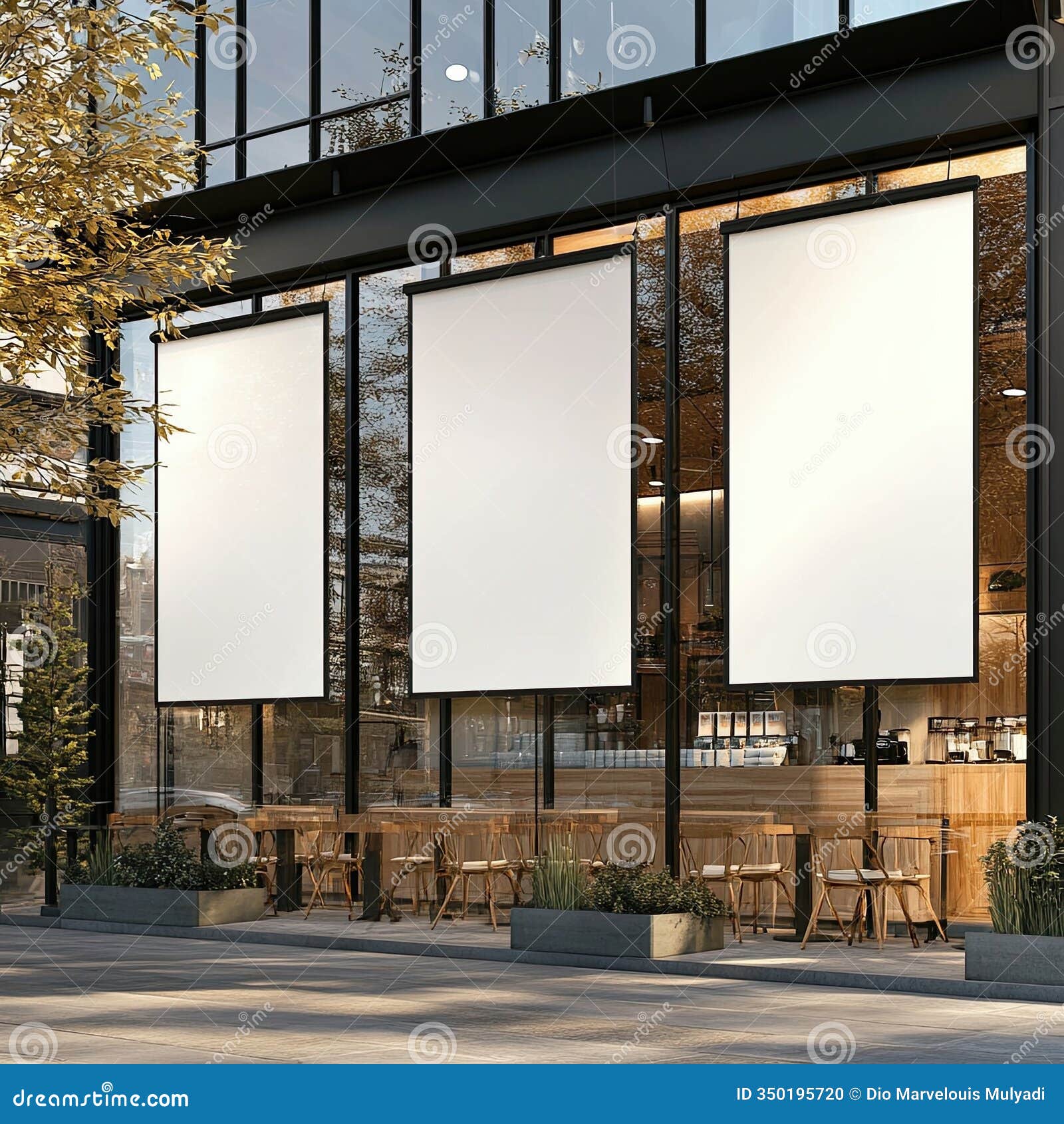 Three Blank Posters on Modern Cafe Window Stock Illustration ...