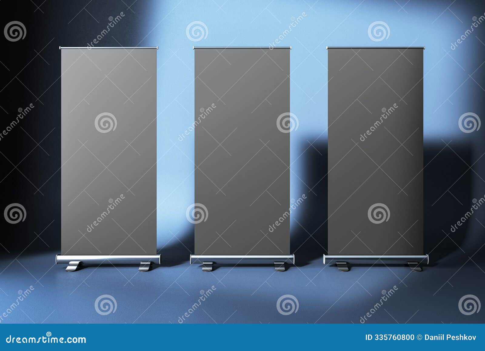 Three Blank Roll-up Banners in a Row on Blue Gradient Background. 3D ...