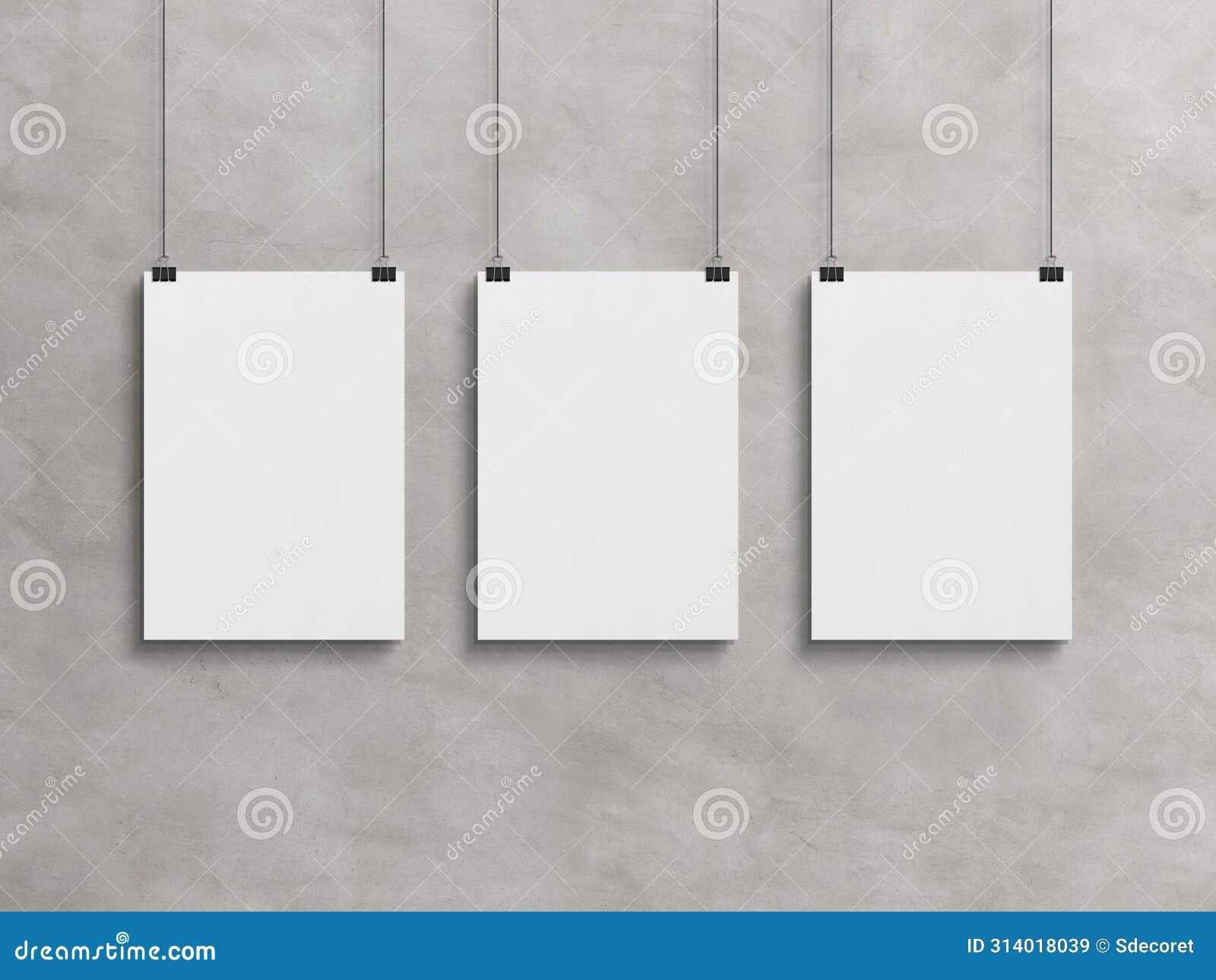 Three Blank Vertical Poster Hanging with Clips on a Wall Mockup. 3D ...